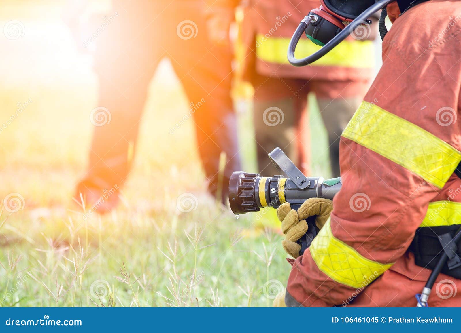Standby Firefighter Hold Hydrant Nozzle With Flare And Copy Spa Royalty ...
