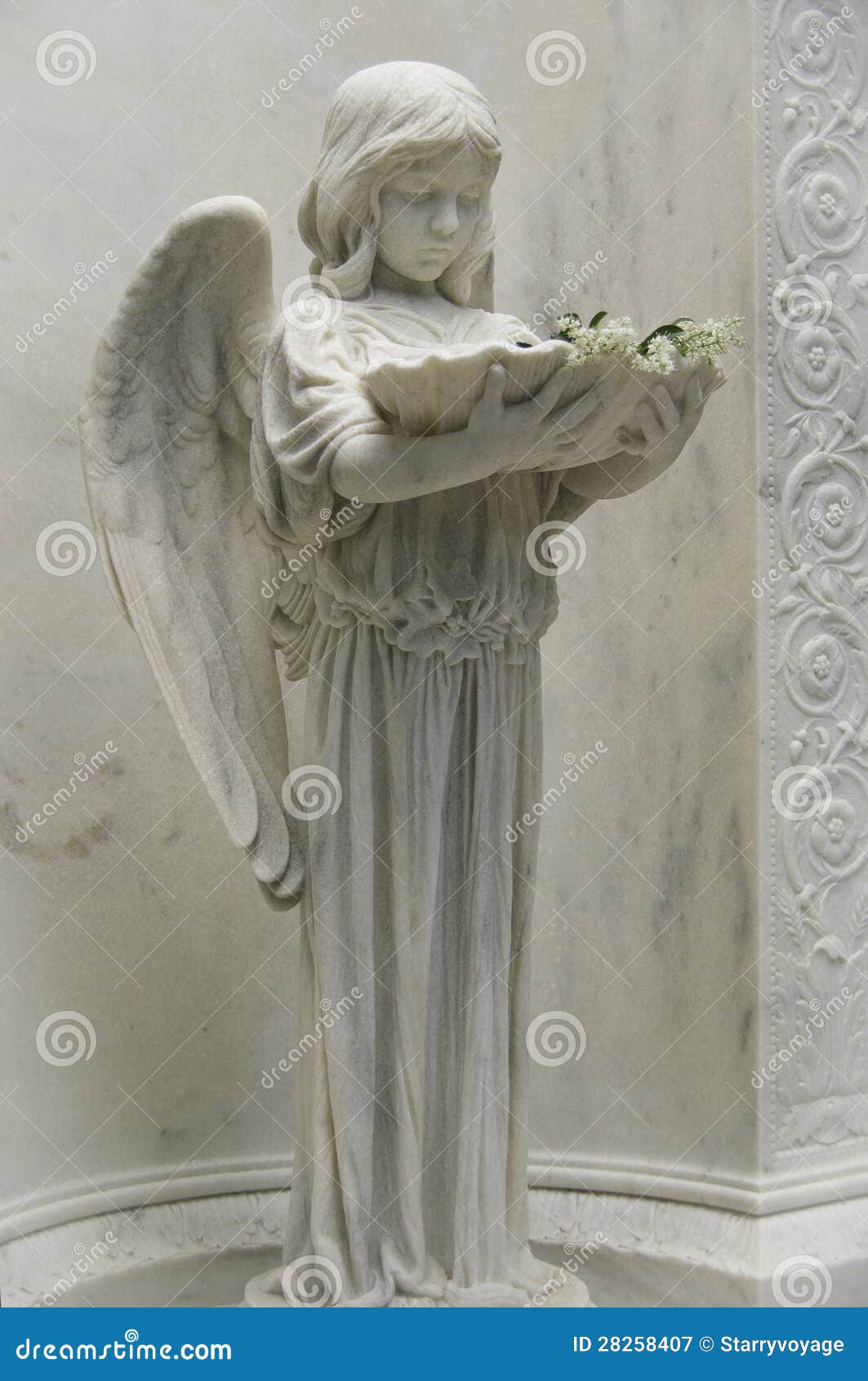 Standing Angel with Baptisimal Font and Flowers Stock Image - Image of ...
