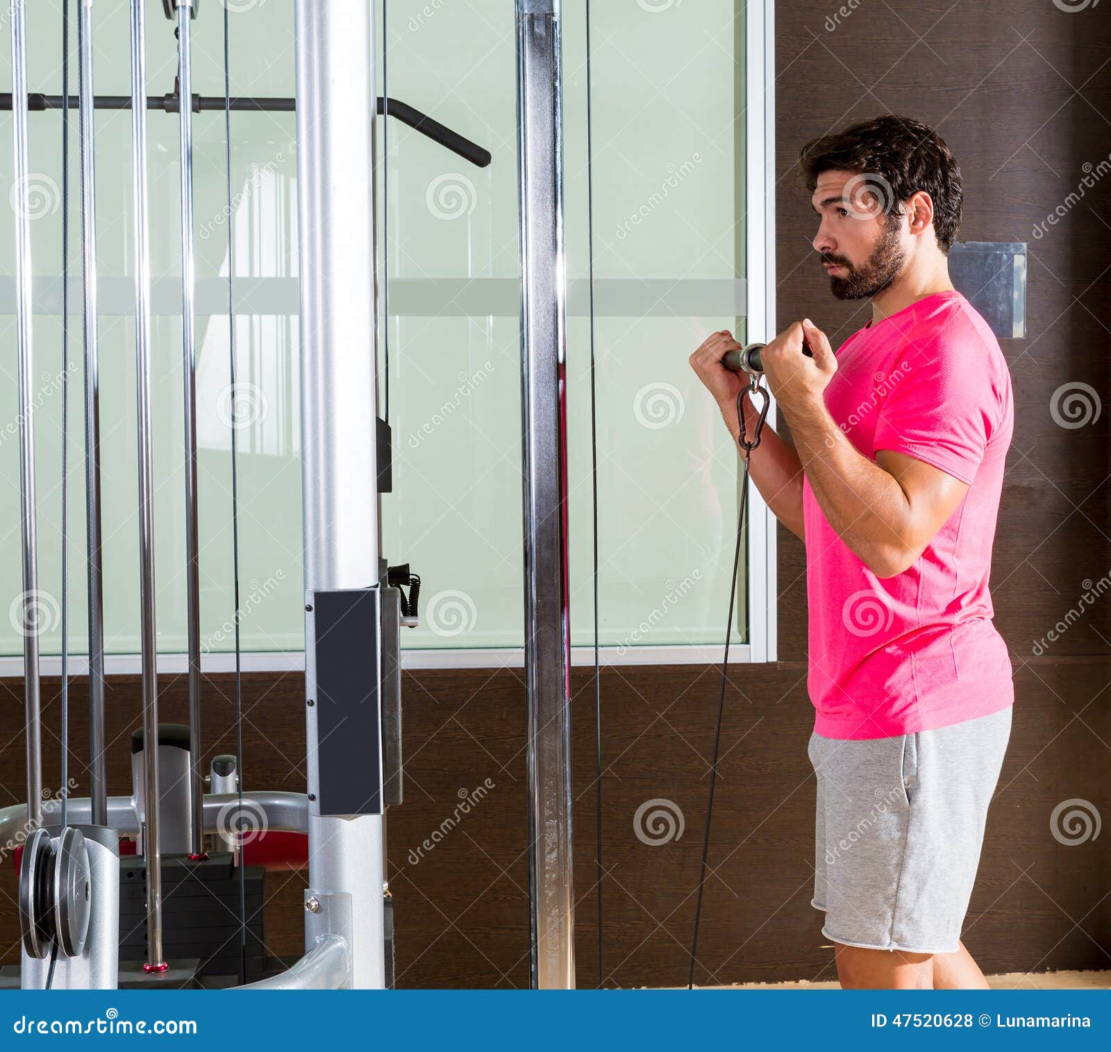 Standing Biceps Cable Curl Man in Pulley Machine Stock Photo - Image of ...