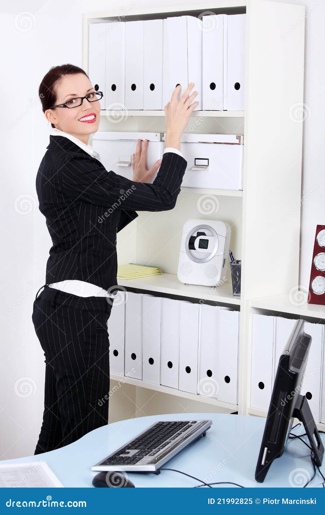 Standing Businesswoman Holding File Binder. Stock Image - Image of ...