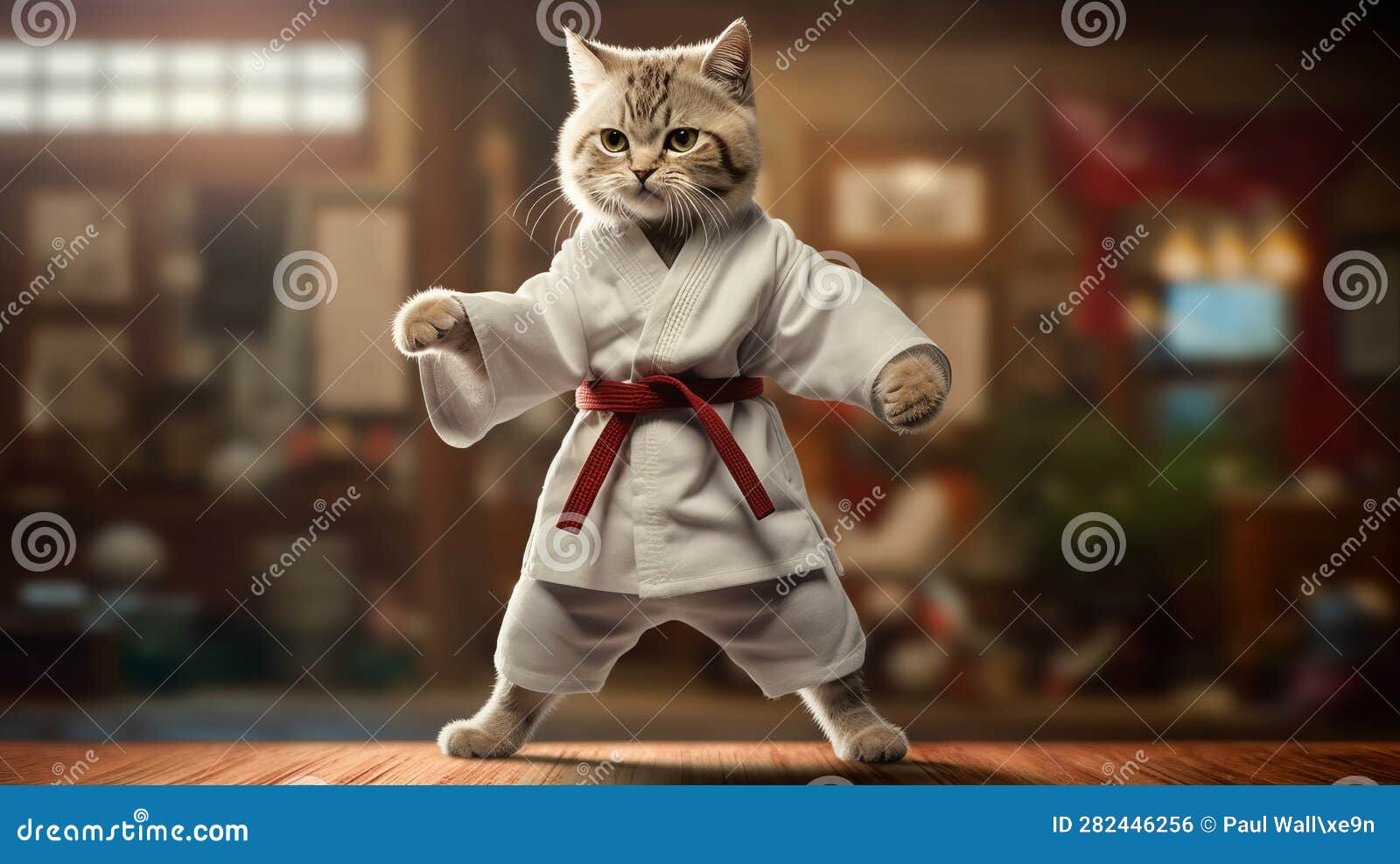 Standing cat doing karate. stock illustration. Illustration of costume ...