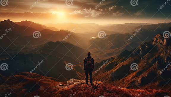 Standing on Cliff, Backpacker Achieves Mountain Peak at Sunrise ... Standing on Cliff, Backpacker Achieves Mountain Peak at Sunrise ...
