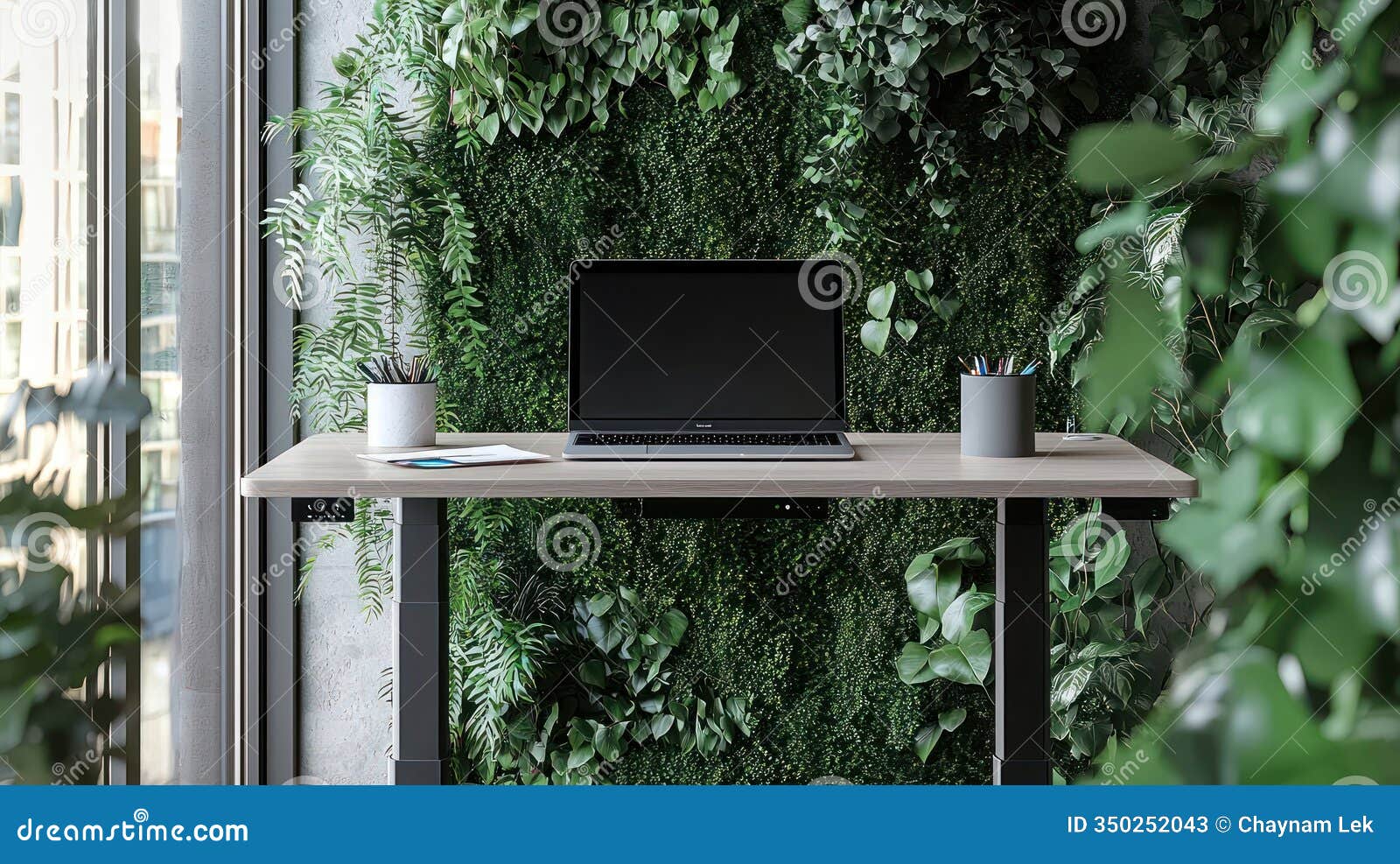 Standing Desk with Laptop and Wireless Keyboard Against Greenery Stock Illustration ...