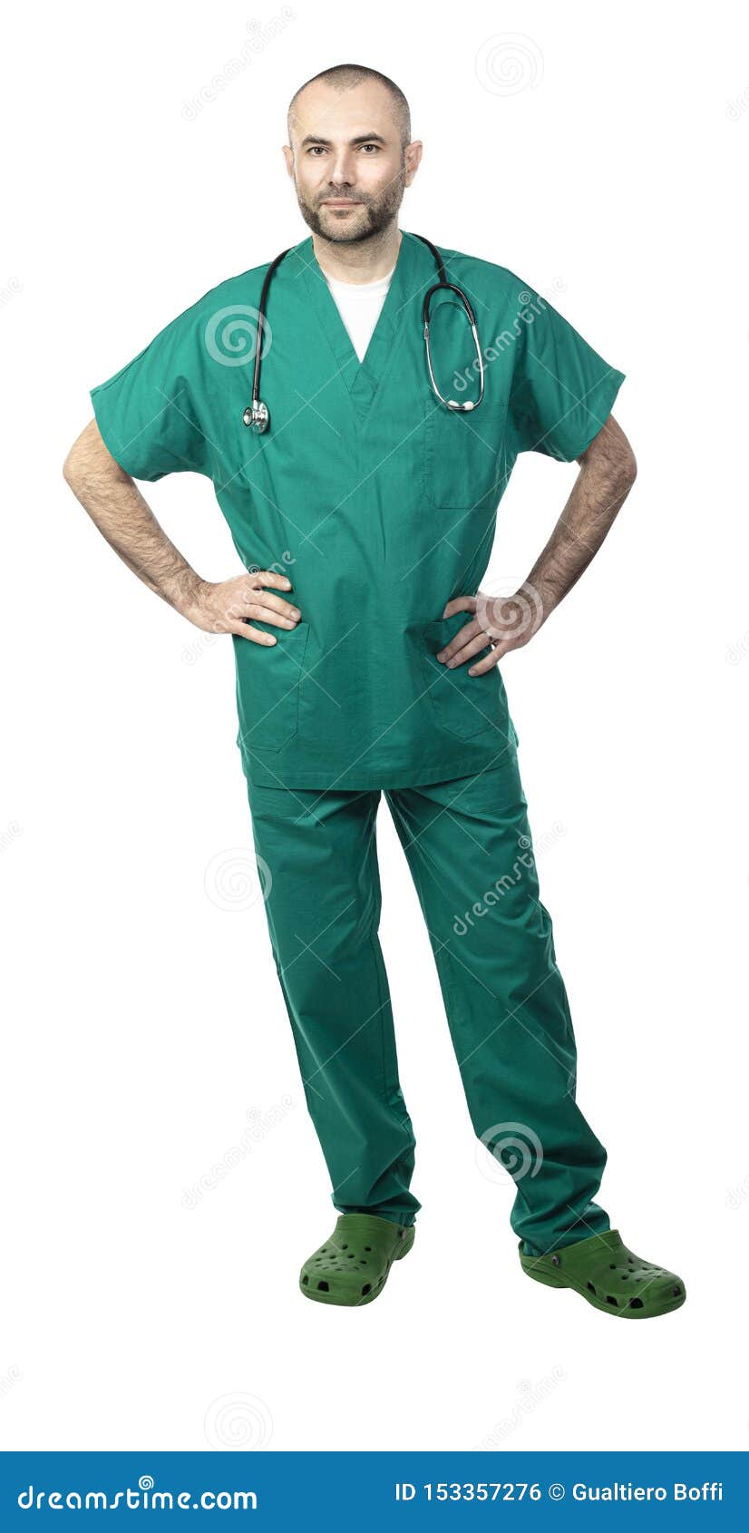 Standing Doctor with Green Uniform Isolated on White Stock Photo ...