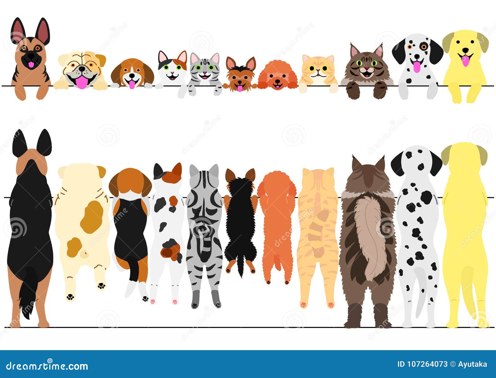 Standing Dogs Front And Back Border Set Vector Illustration ...