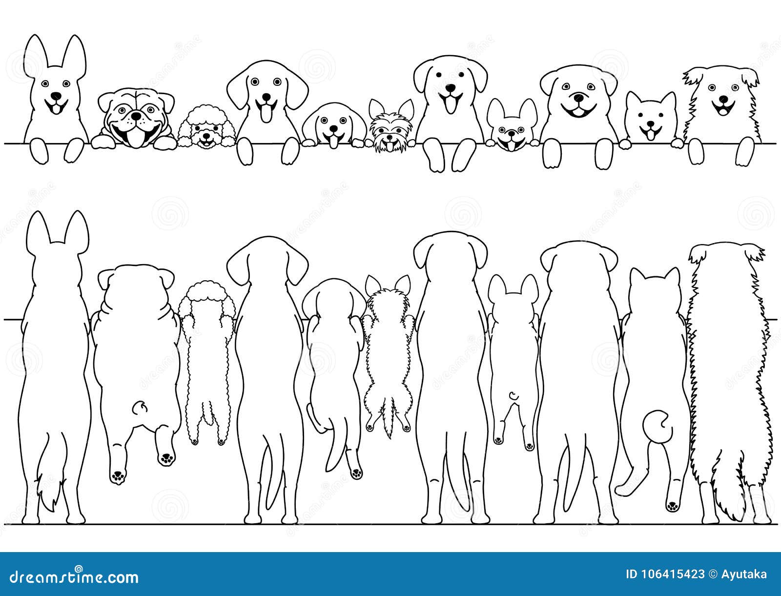 Standing Dogs Front And Back Border Set Vector Illustration ...