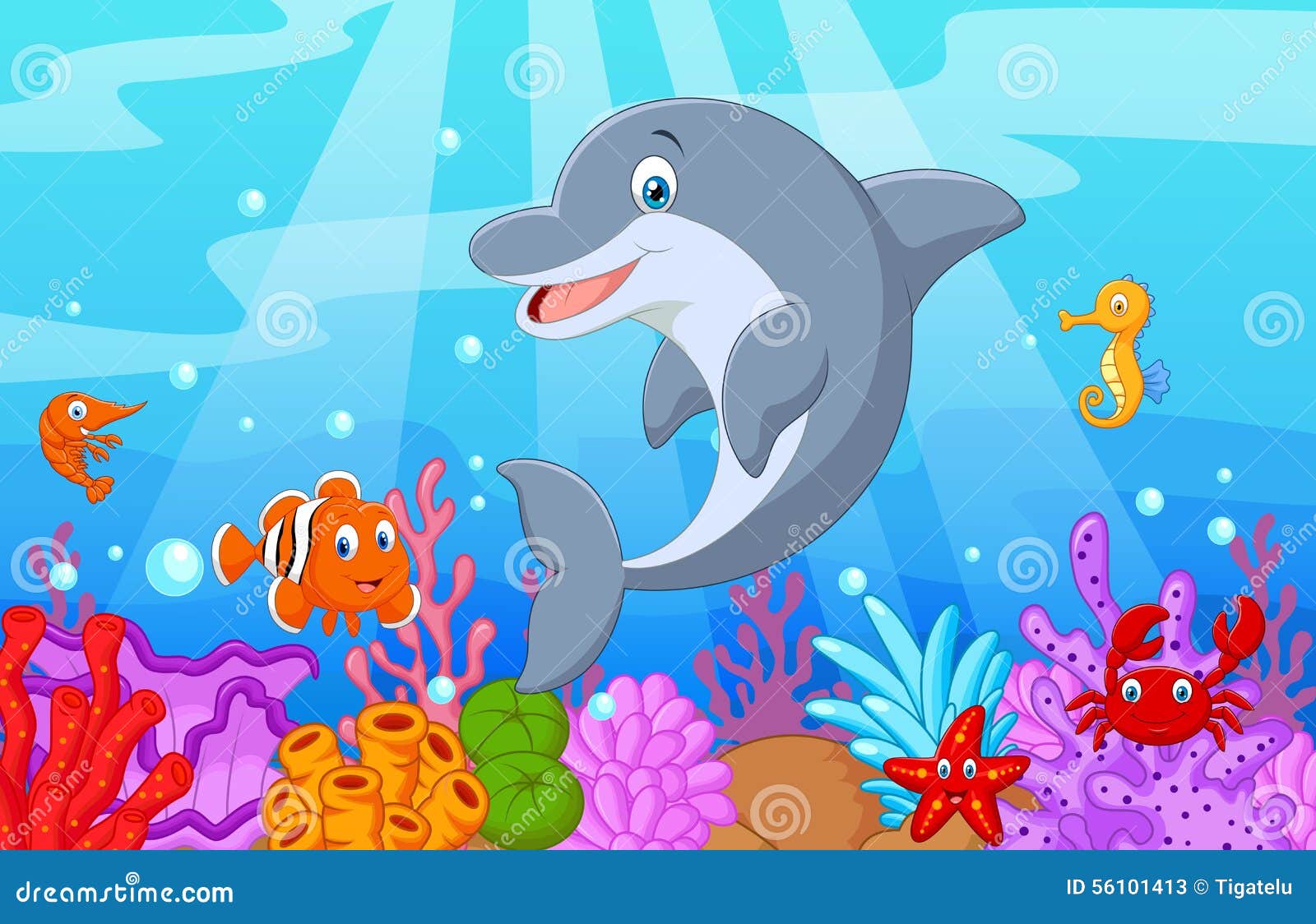 Standing Dolphin Cartoon with Collection Fish Stock Vector ...
