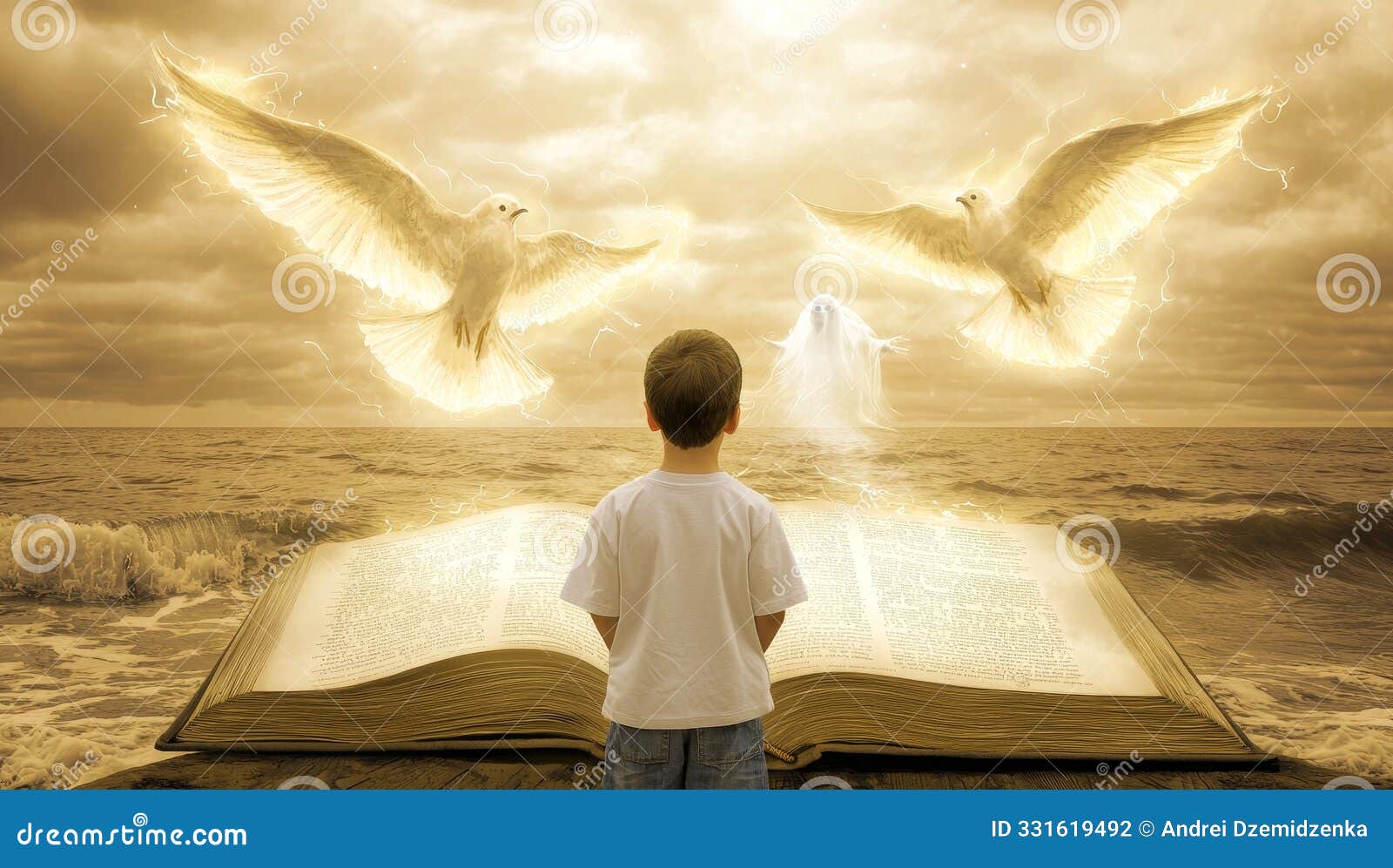 Standing on a Giant Book with a Fantasy Light Behind Him Stock ...