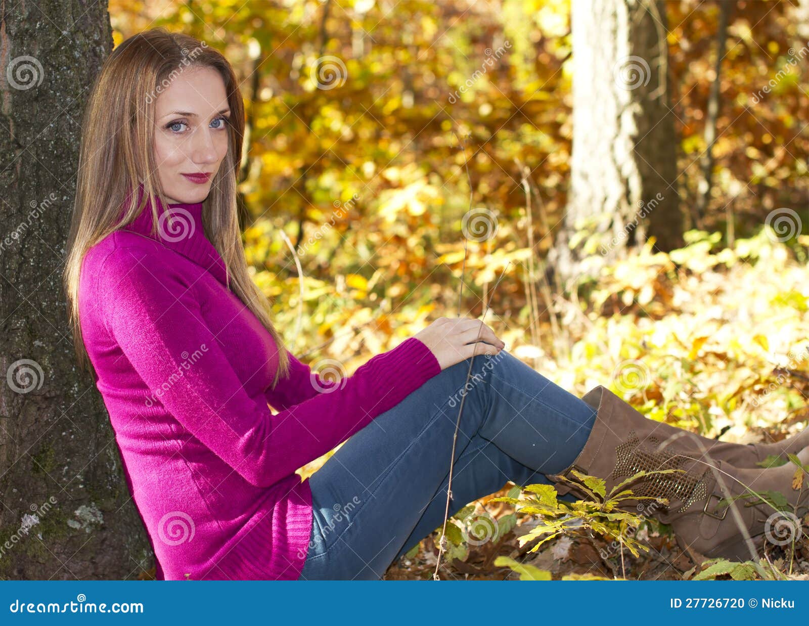 Standing girl near a tree stock photo. Image of cute - 27726720