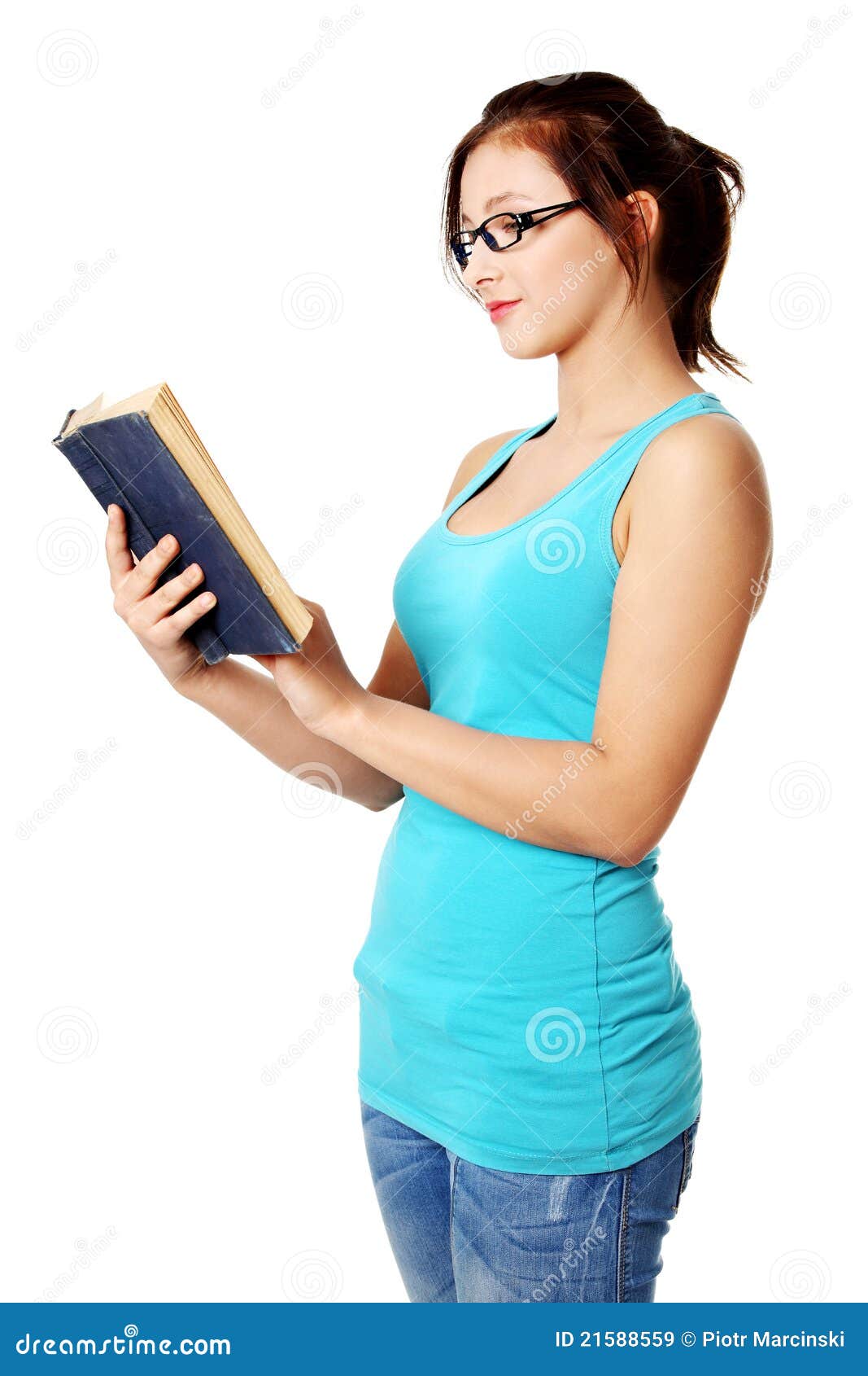 Standing Girl Reading a Book. Stock Image - Image of looking, brunette ...