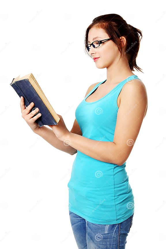 Standing Girl Reading a Book. Stock Image - Image of looking, brunette ...