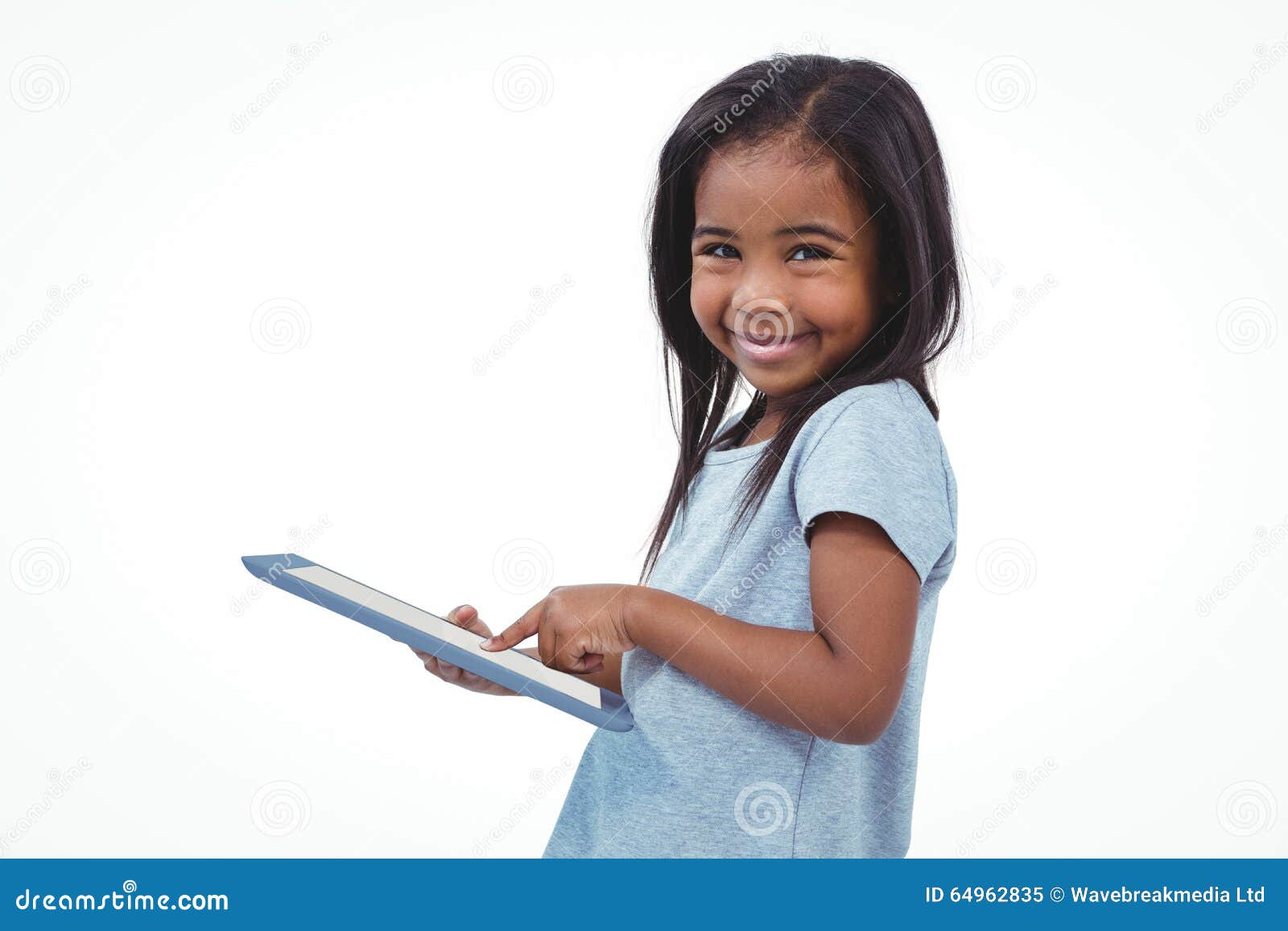Standing Girl Using Tablet and Smiling at Camera Stock Image - Image of ...