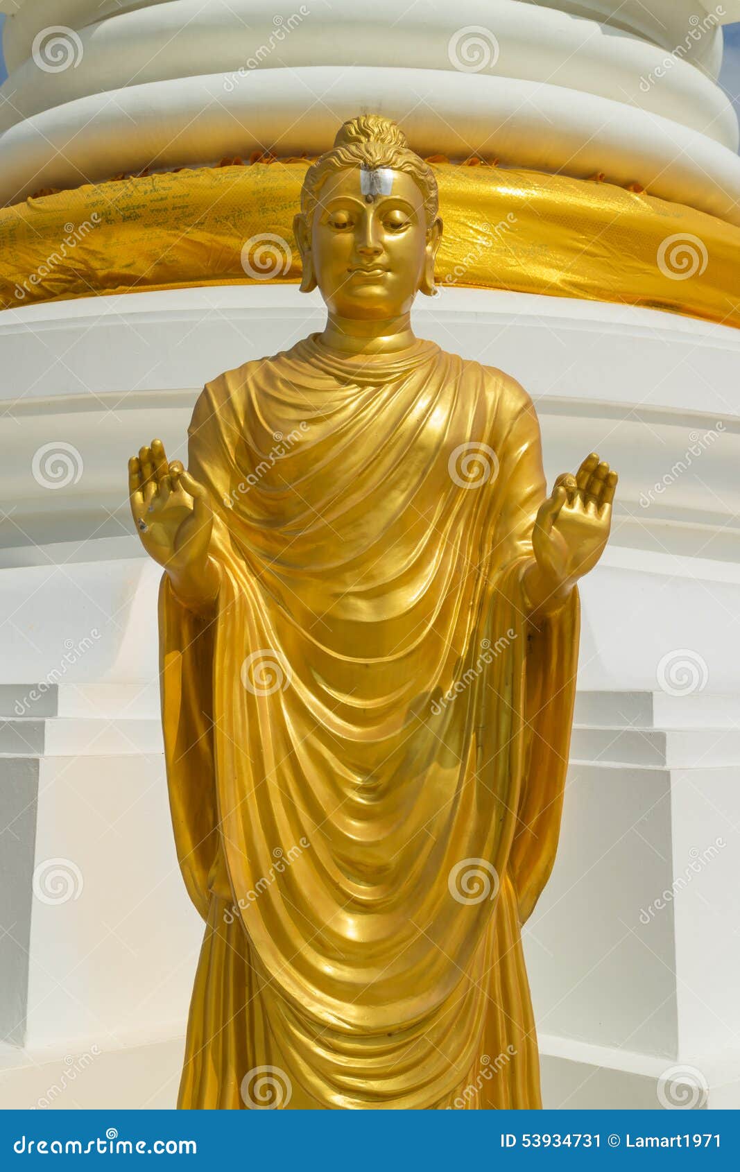 The Standing Gold Buddha Statue and Show Two Hand Stock Image - Image ...