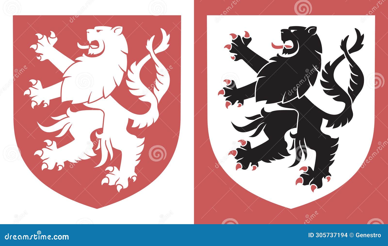 Standing Heraldic Lion on a Shield Background Stock Illustration ...
