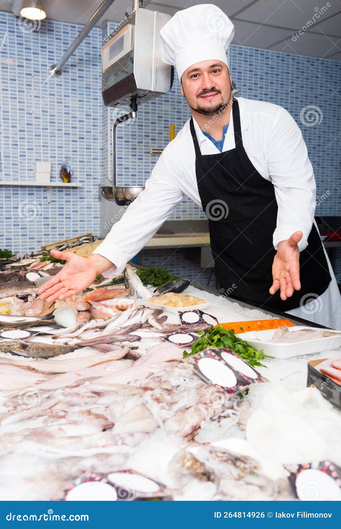 Standing Laughing Man Shows the Fish Counter Stock Photo - Image of ...