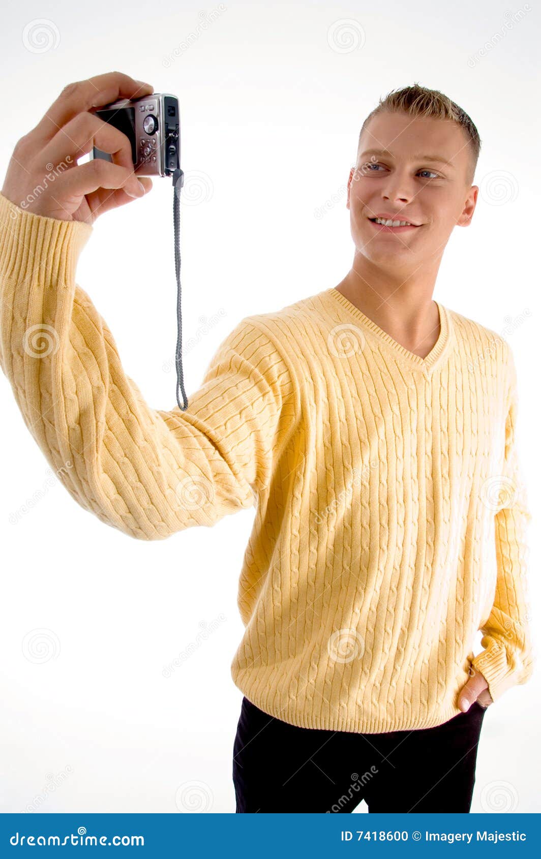 Standing male with camera stock photo. Image of capture - 7418600