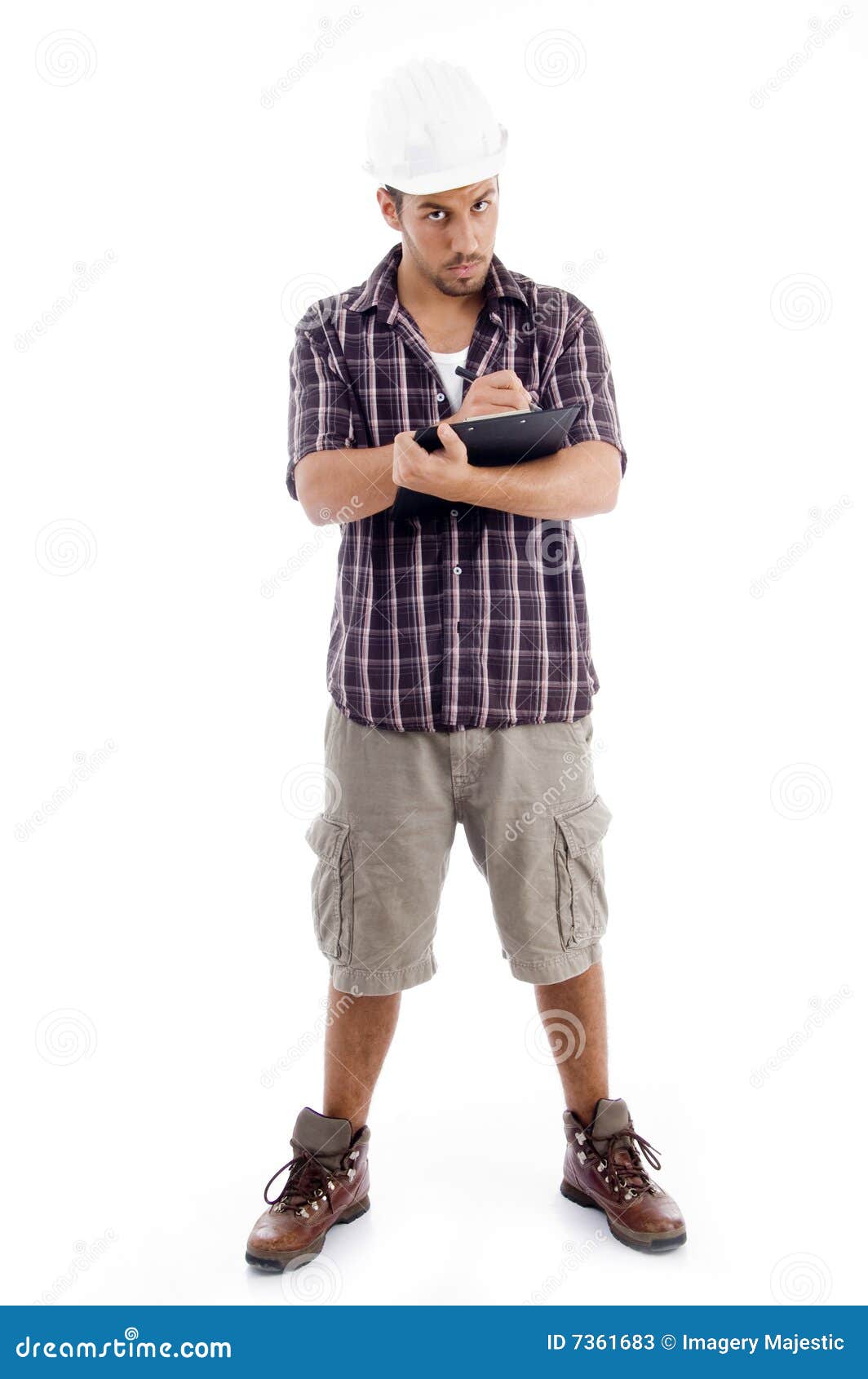 Standing Male Engineer Writing on Pad Stock Image - Image of clothing ...