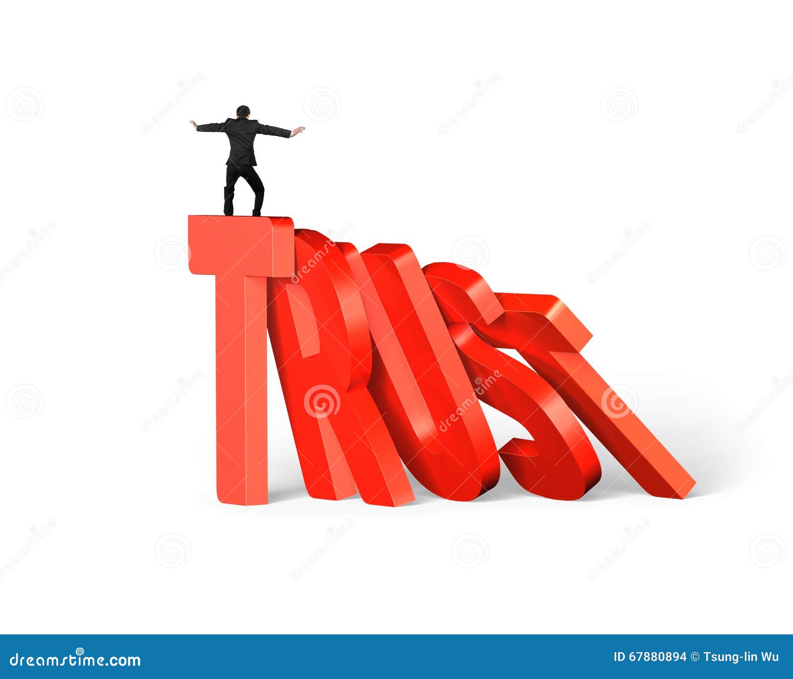 Standing Man Balancing on Trust Word Dominoes Falling Stock ...