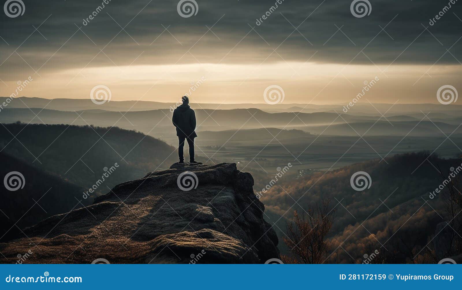 Standing on Mountain Peak, Back Lit by Sunrise, Achieving Freedom ...