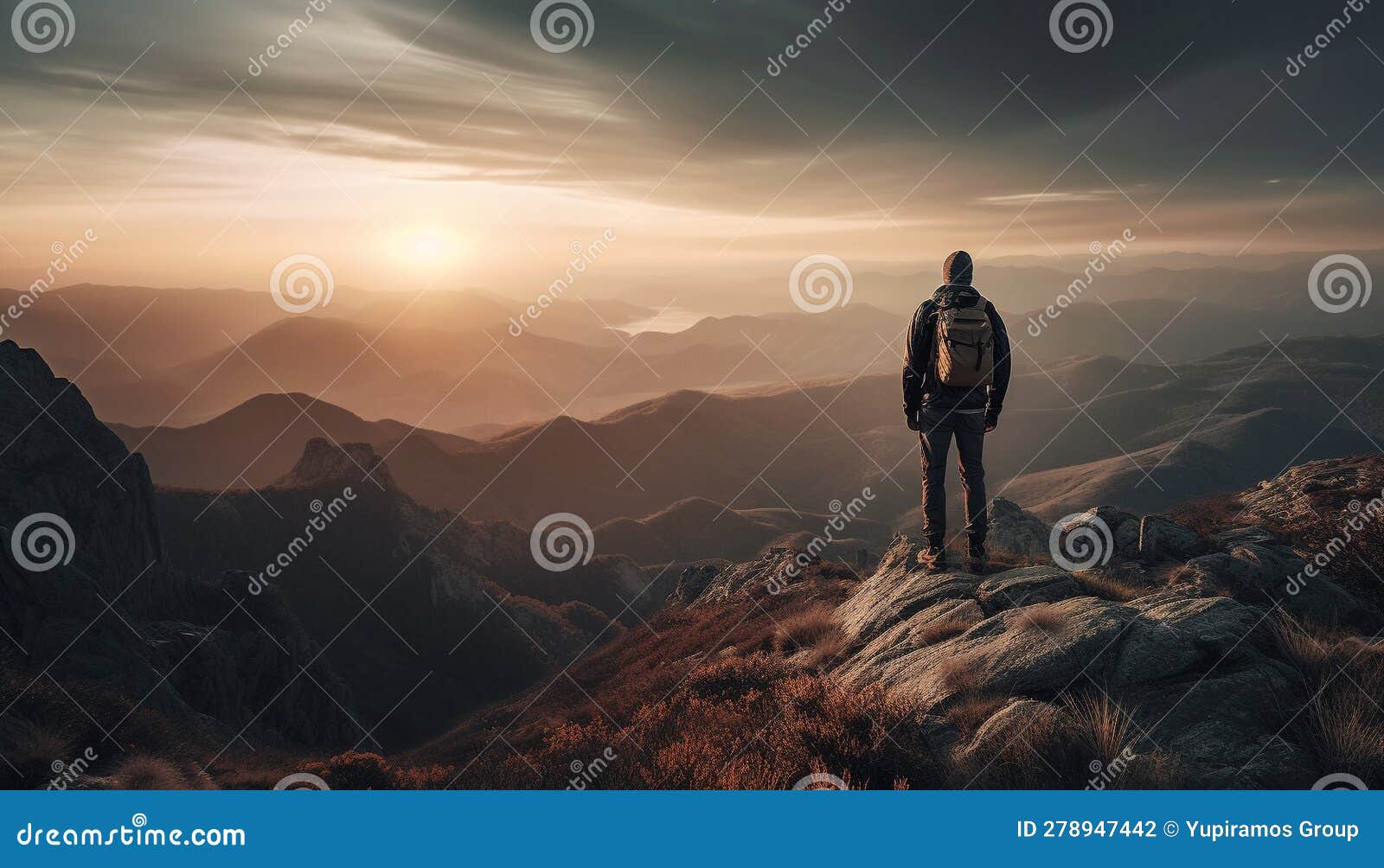Standing on Mountain Peak, Backpacker Achieves Hiking Success at Dawn ... Standing on Mountain Peak, Backpacker Achieves Hiking Success at Dawn ...