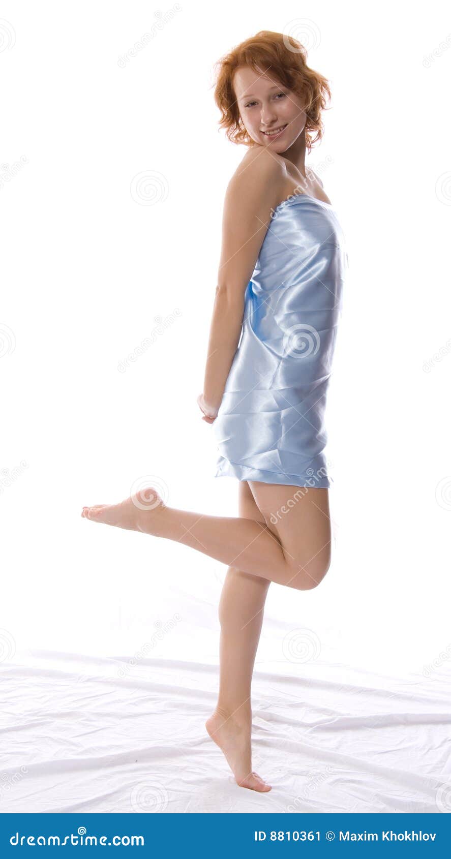 Standing red girl in blue stock image. Image of isolated - 8810361