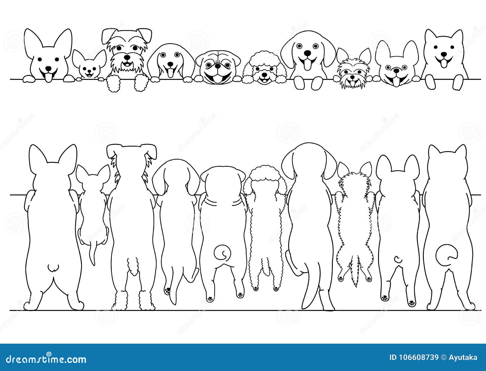 Standing Small Dogs Front and Back Line Art Border Set Stock Vector ...