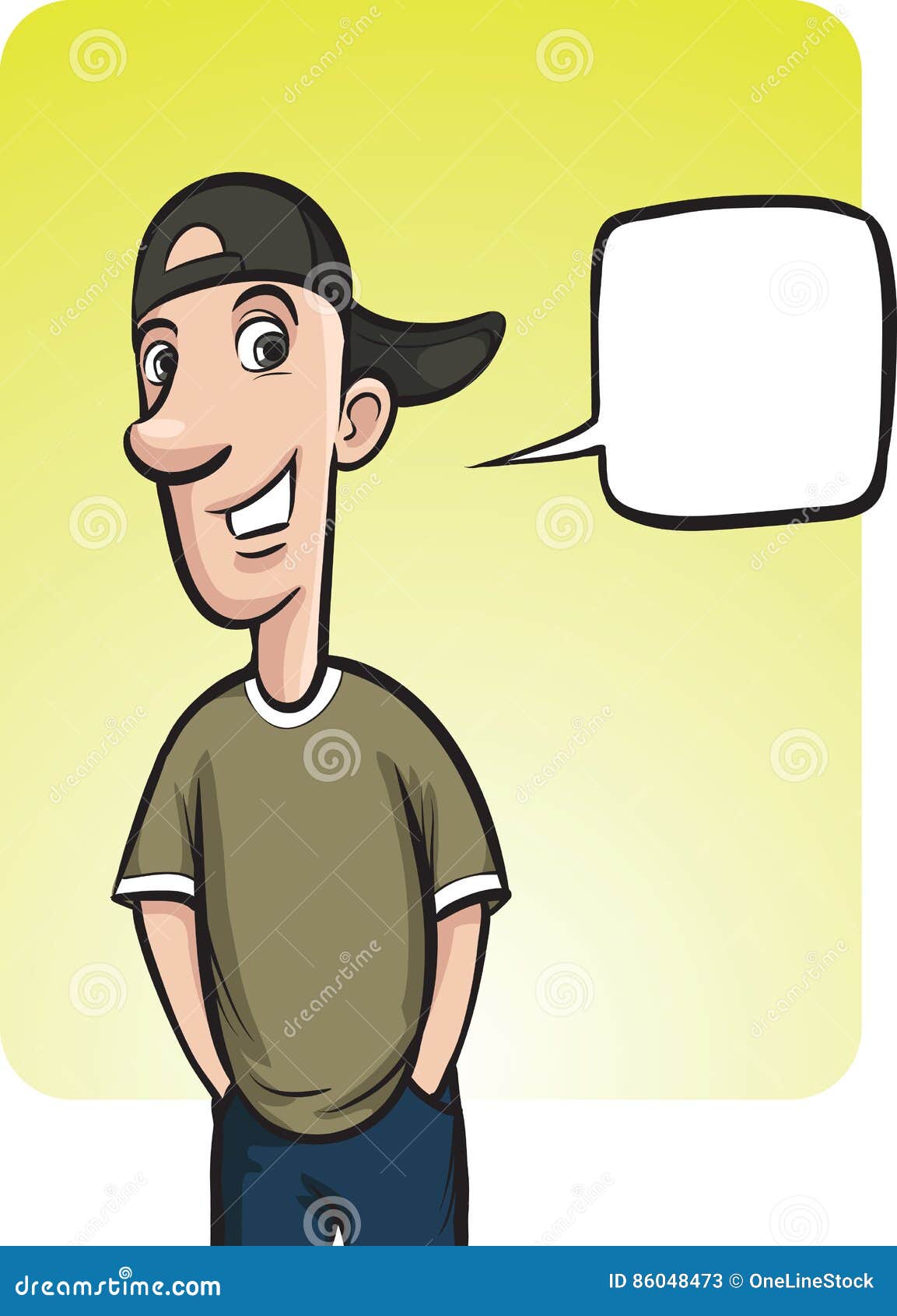 Standing Smiling Guy in Baseball Cap with Speech Balloon Stock Vector ...