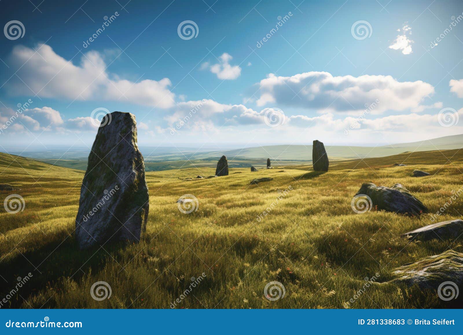 Standing Stones On The Summit Of A Low Hill In A Windswept Green ...