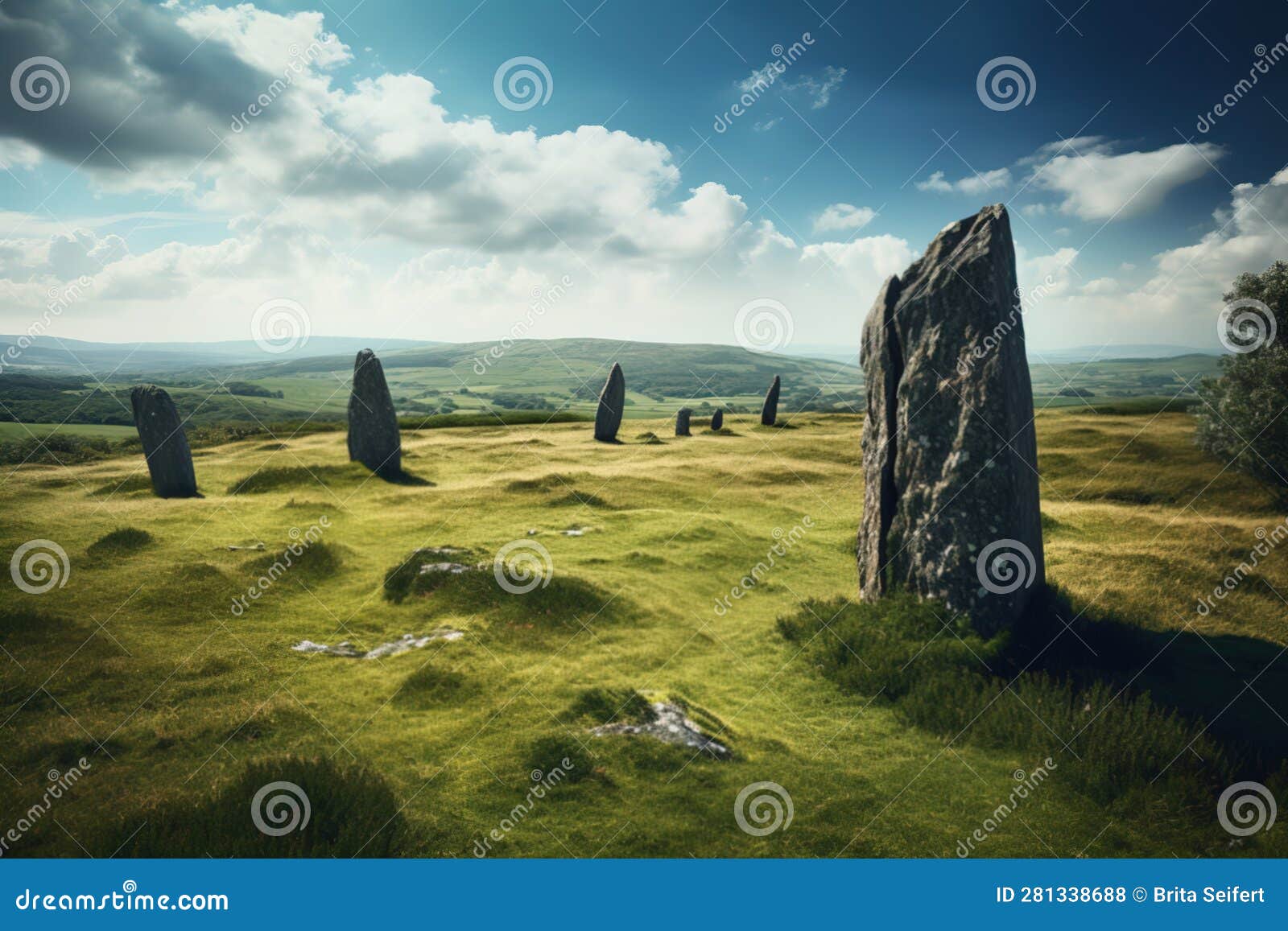 Standing Stones On The Summit Of A Low Hill In A Windswept Green ...