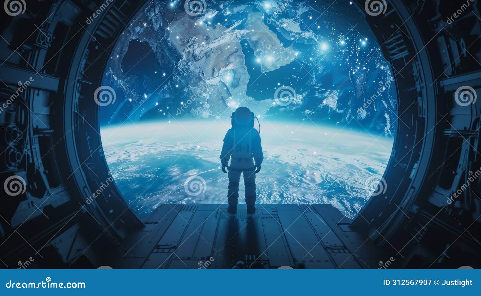 Standing on the Threshold of the Spacecraft a Lone Astronaut Stares in ...
