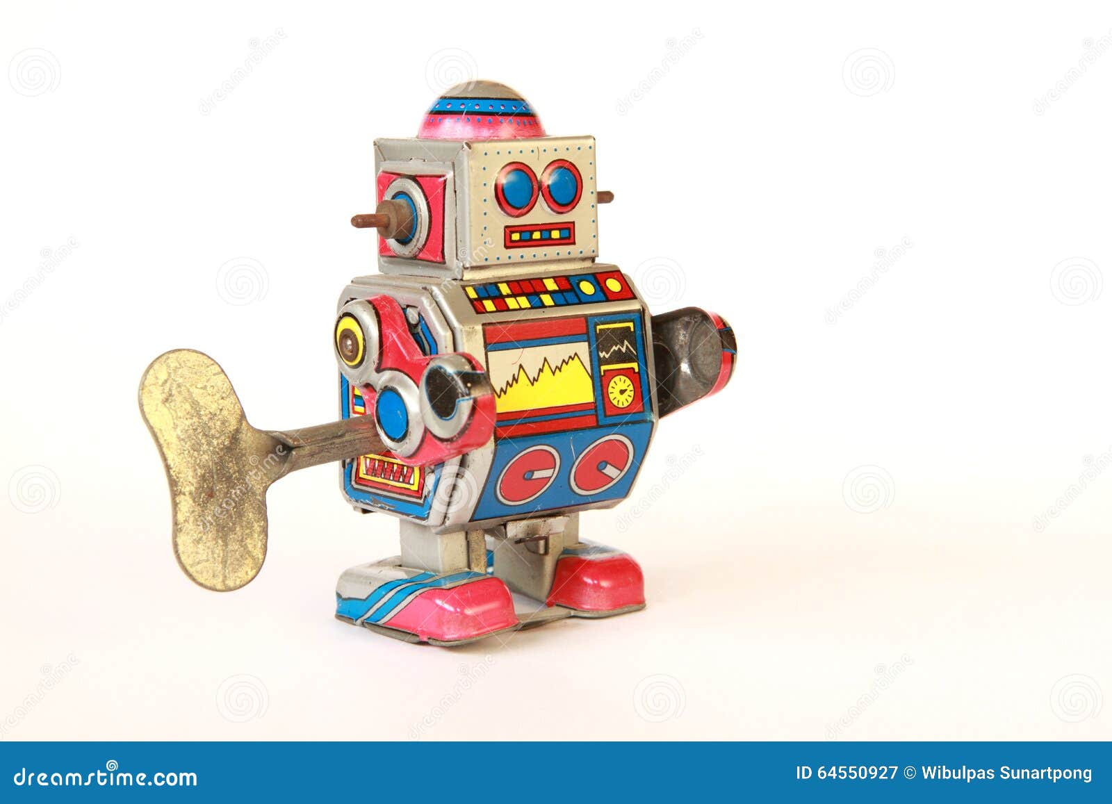 Standing Vintage Tin Robot, Oblique View with Key Stock Image - Image ...
