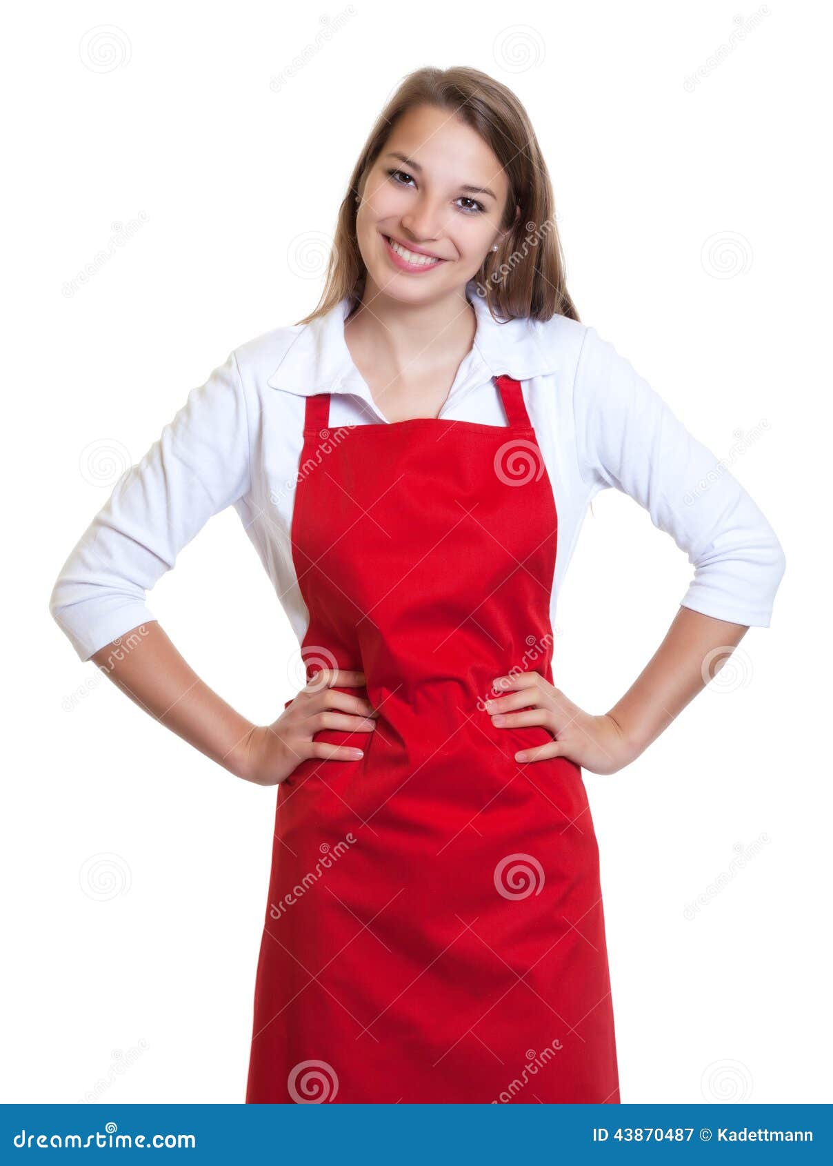 Standing Waitress with Red Apron and Crossed Arms Stock Image - Image ...