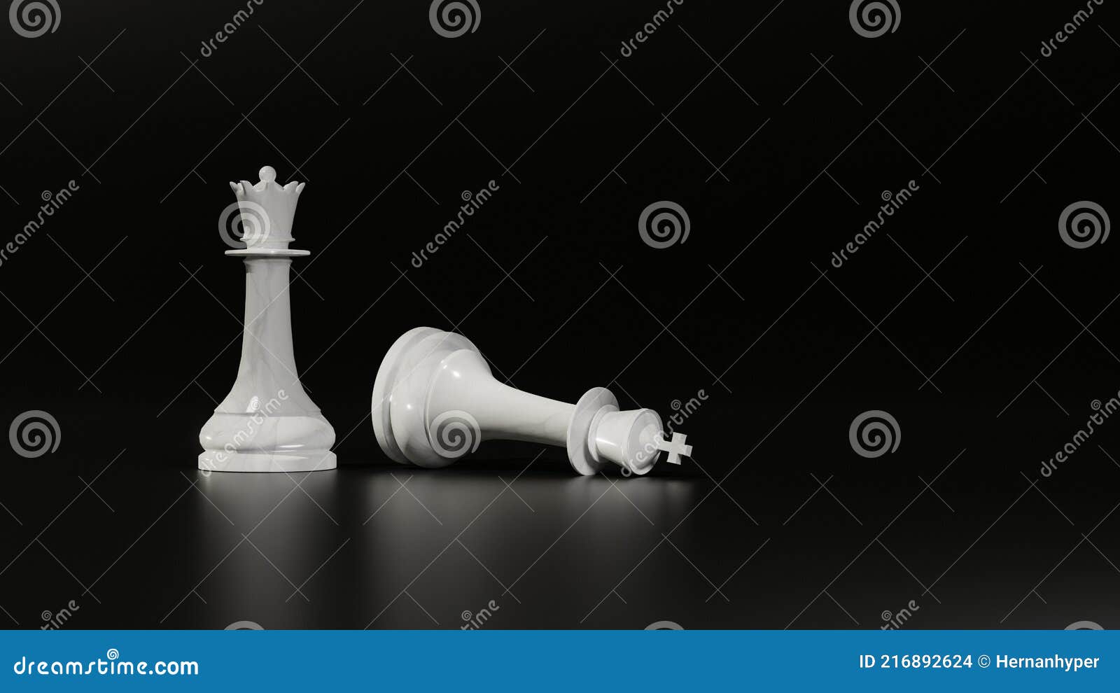 Standing White Chess Queen Next To a Fallen King. Digital 3D Rendering ...