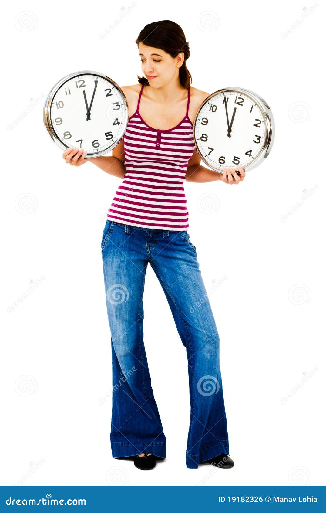Standing Woman Holding Clocks Stock Photo - Image of beauty, shoe: 19182326