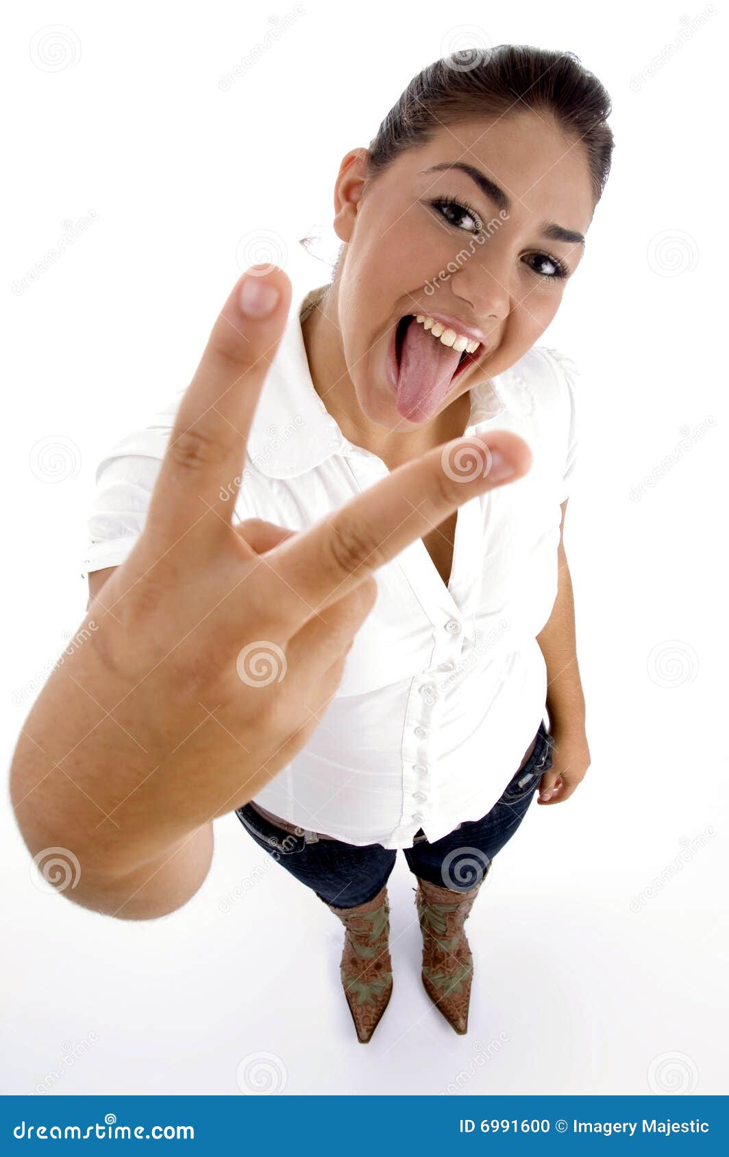 Standing Woman Showing Peace Sign Stock Photo - Image of pretty, female ...