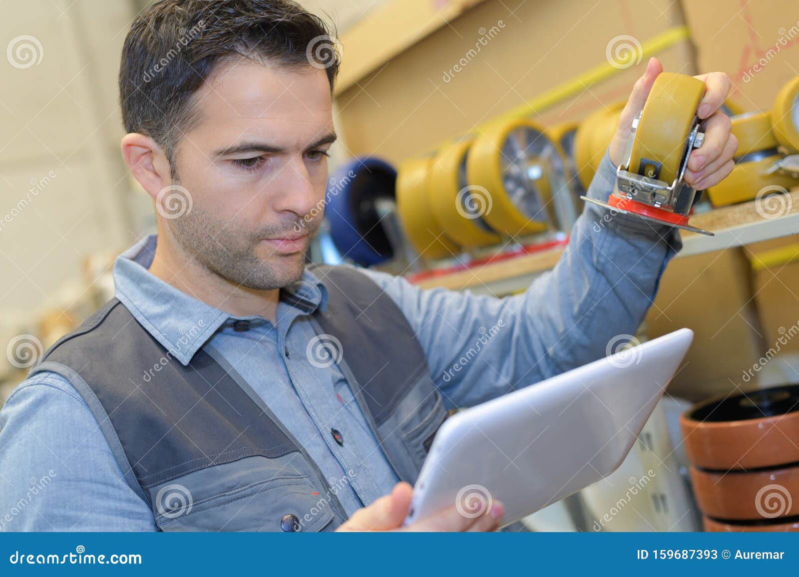 Standing Worker Holding Digital Tablet in Warehouse Stock Image - Image ...