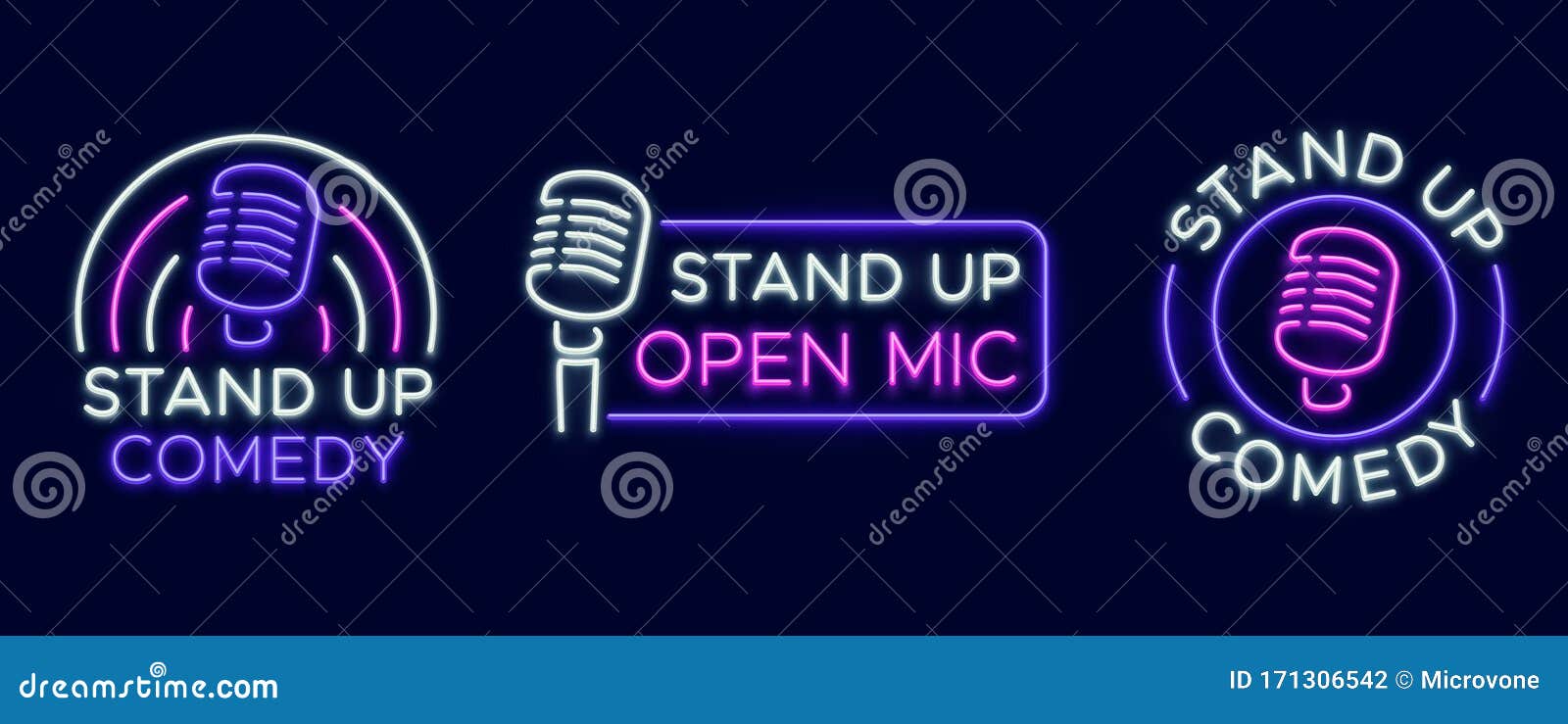 Standup Show Signs Neon Comedy Club And Open Microphone Icons