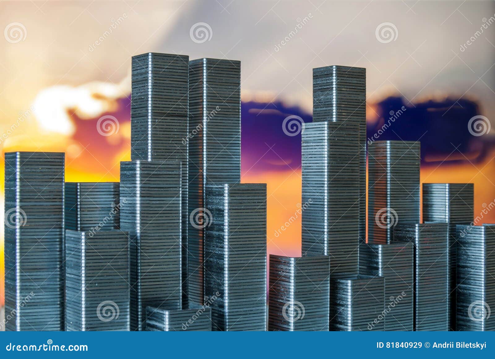 Staples Arranged To Form City Skyline on a Sunset Background Stock ...