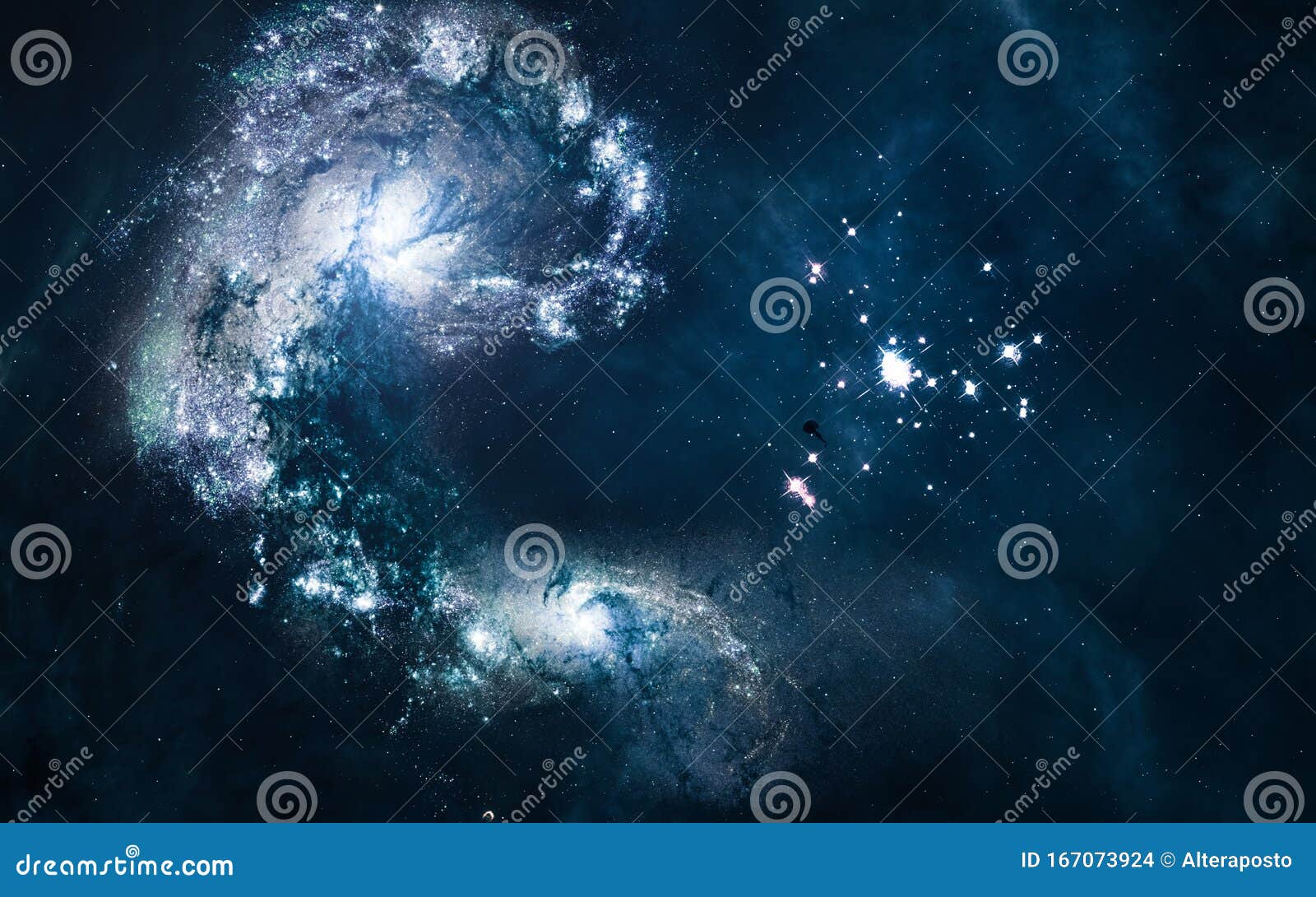 Star Cluster, Colliding Galaxies Somewhere in Deep Space Stock Photo ...