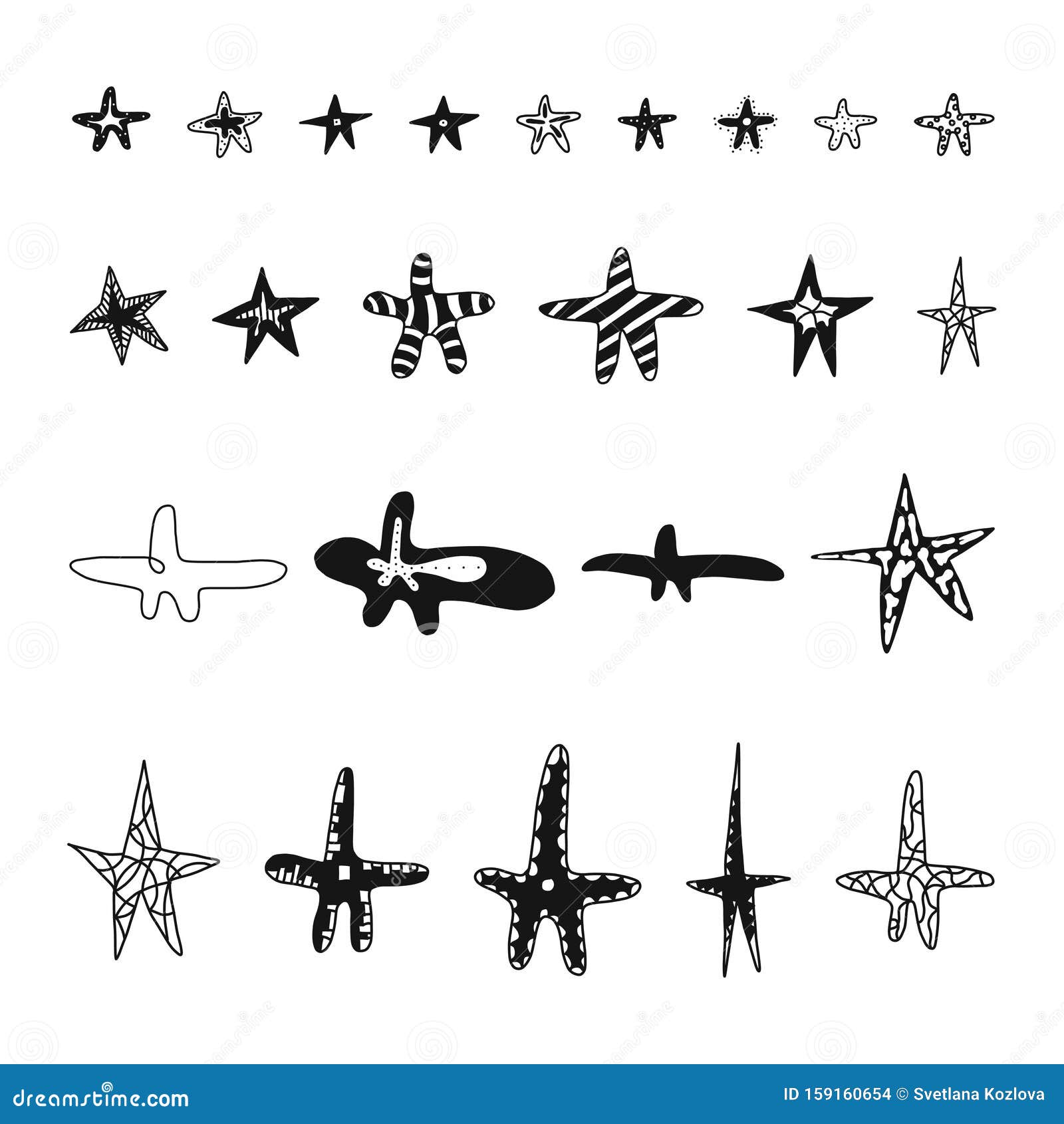 Star Doodles, Hand Drawn Vector Illustration. Narrow and Wide Stars ...