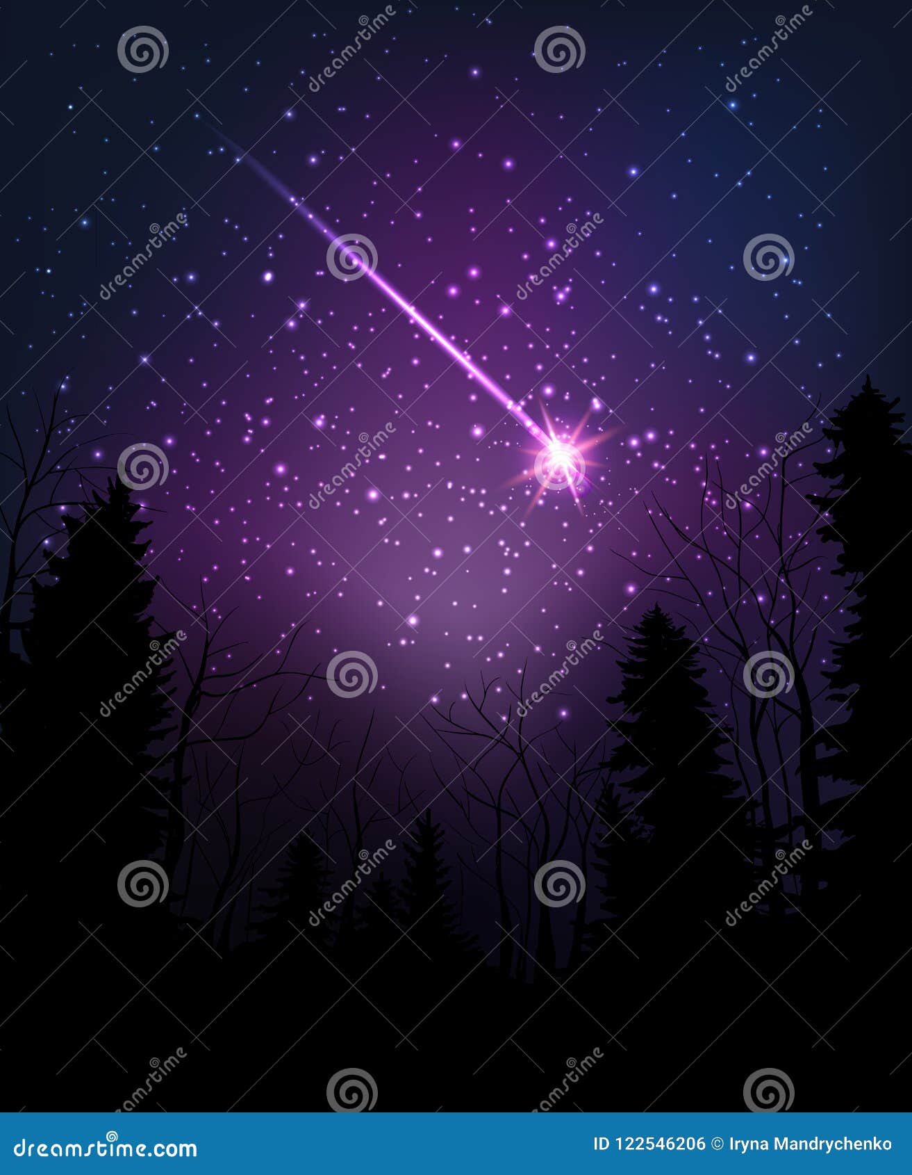 Star Falling through Dark Night. Starry Sky Above Dark Forest Stock ...