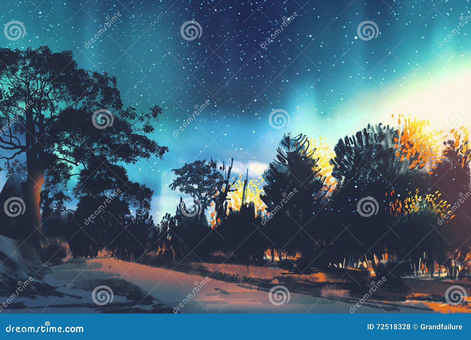 Star Field Above the Trees in Forest Stock Illustration - Illustration ...