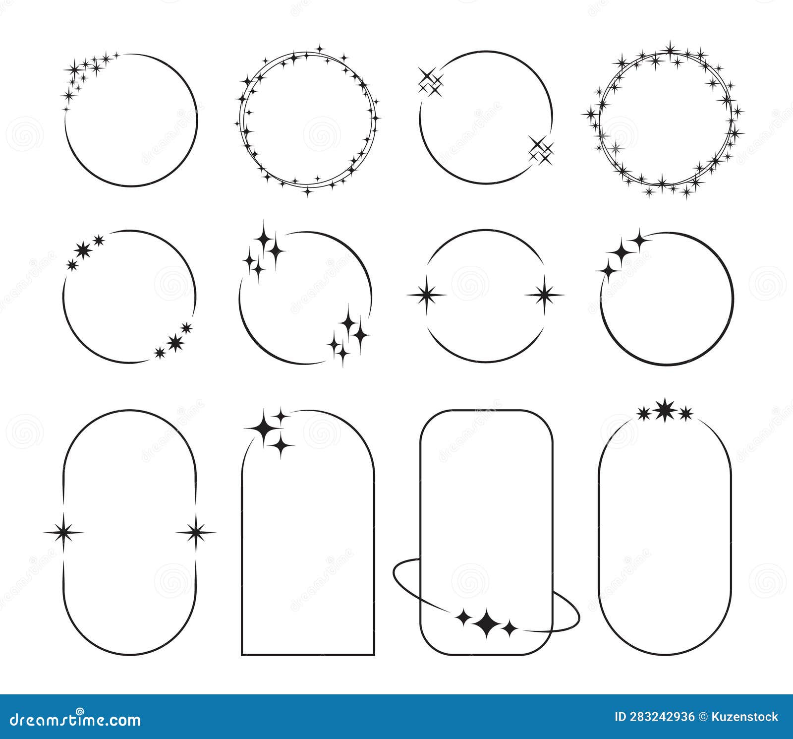 Star Frame. Line Borders with Stars, Boho Round and Rectangular Frames ...
