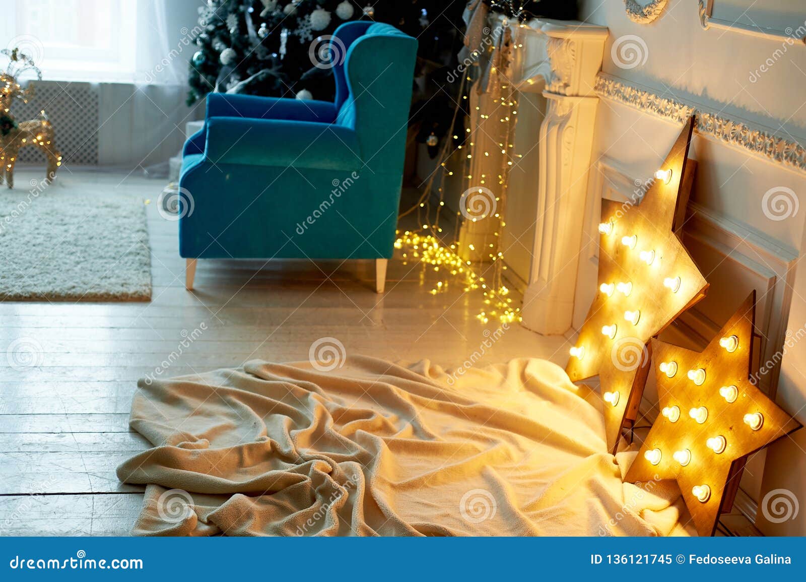 Star Lamp with Warm Light Bulbs in Bright Classic Room. Stock Image ...