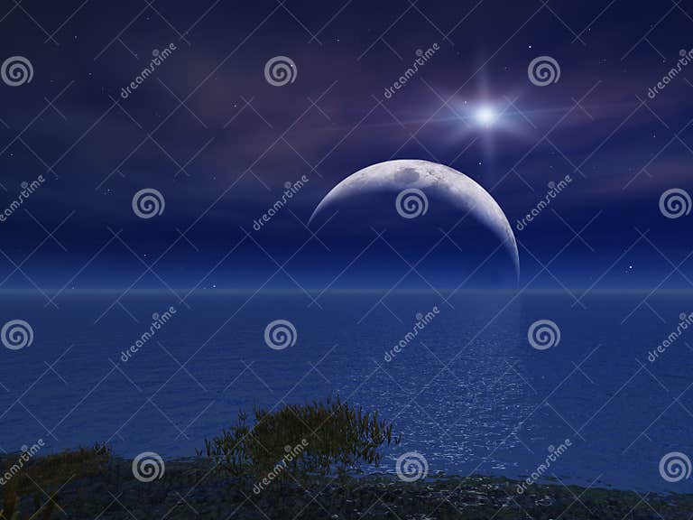 Star and Night Moon Over Sea Stock Illustration - Illustration of ...