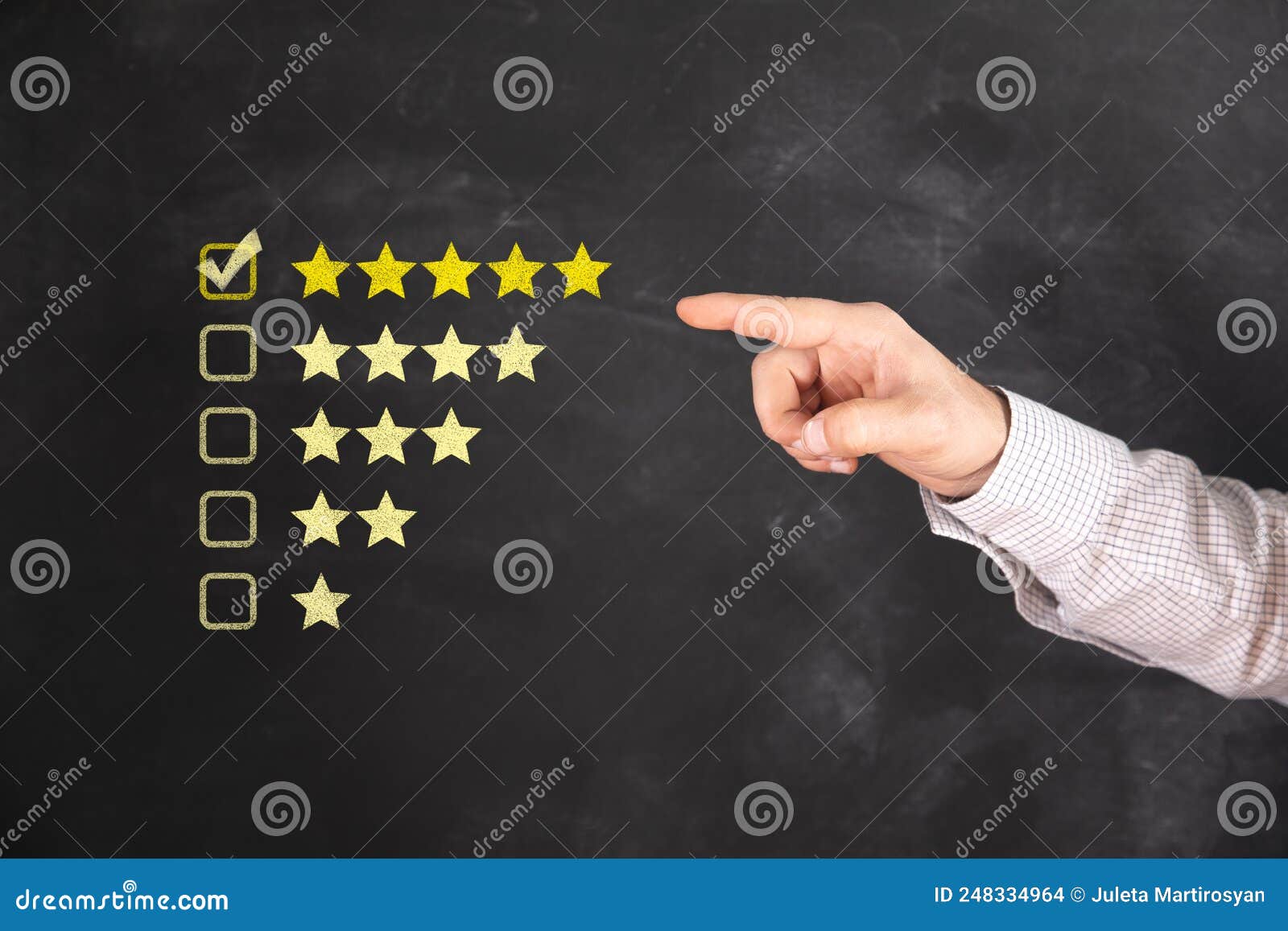 Star Rating and Check Mark. Man Tapping on the Screen Stock Photo ...