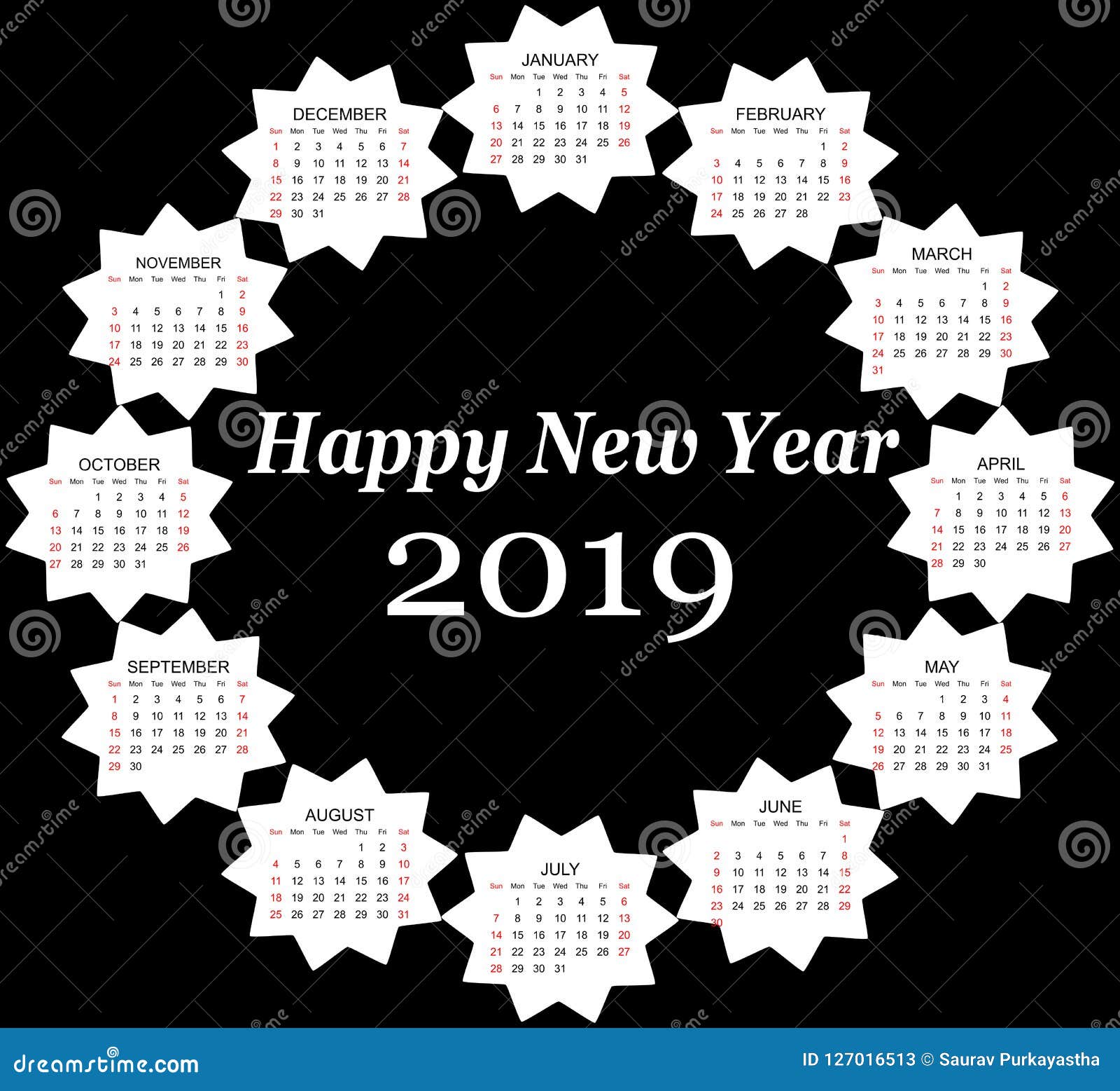 Star shaped 2019 calendar stock vector. Illustration of march - 127016513