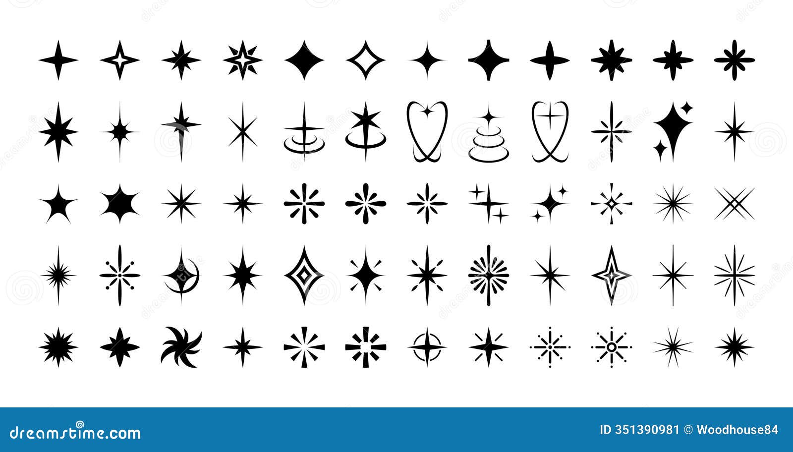 Star Sparkles Doodle Elements, Black Shiny Twinkle Flash of Different ...