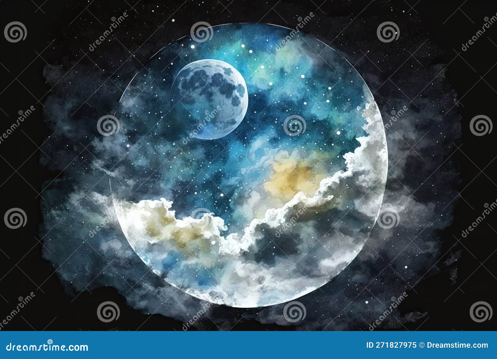 Star Studded Night Sky with a Full Moon. Watercolor Stock Illustration ...