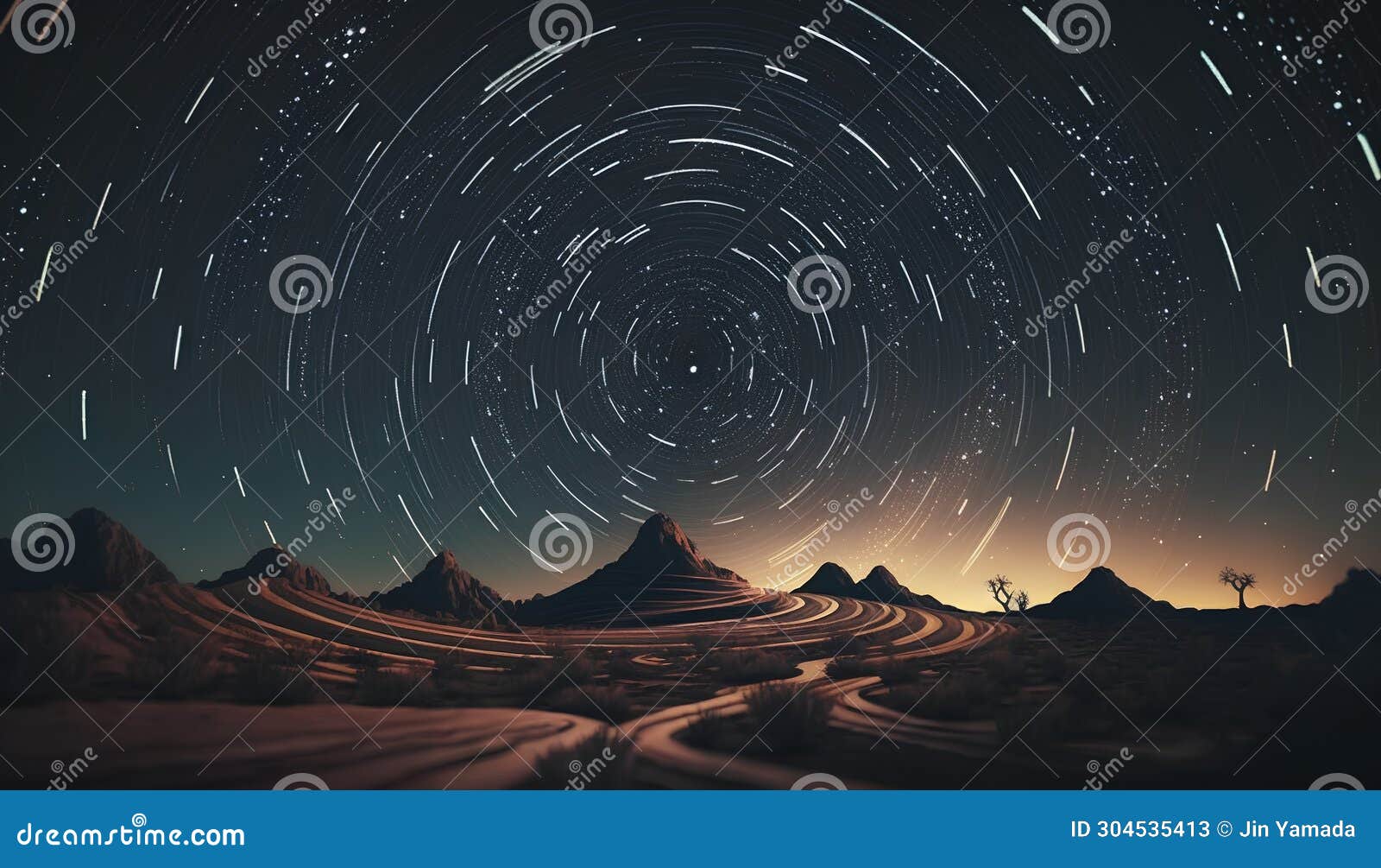 Star Trails Over Desert Landscape. 3d Rendering. Computer Digital ...